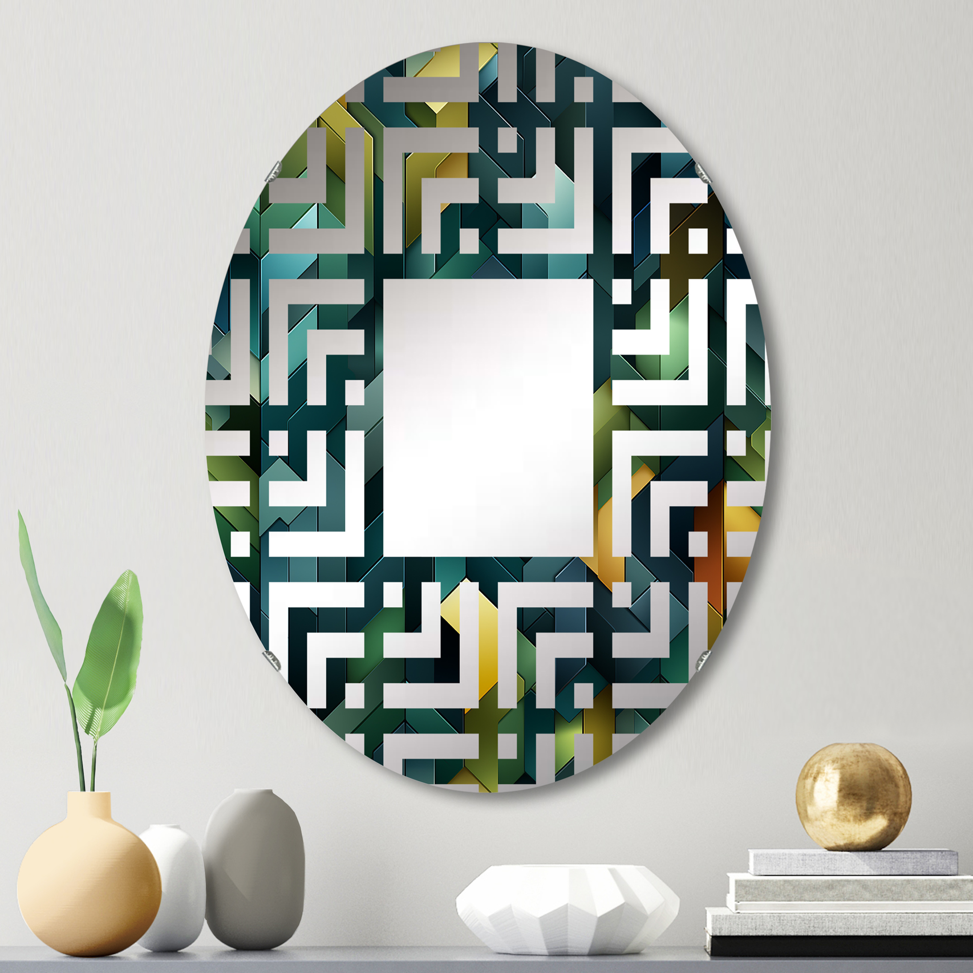 Designart "Geometric Oasis in Green Hues IV" Geometric Maze Round Wall ...