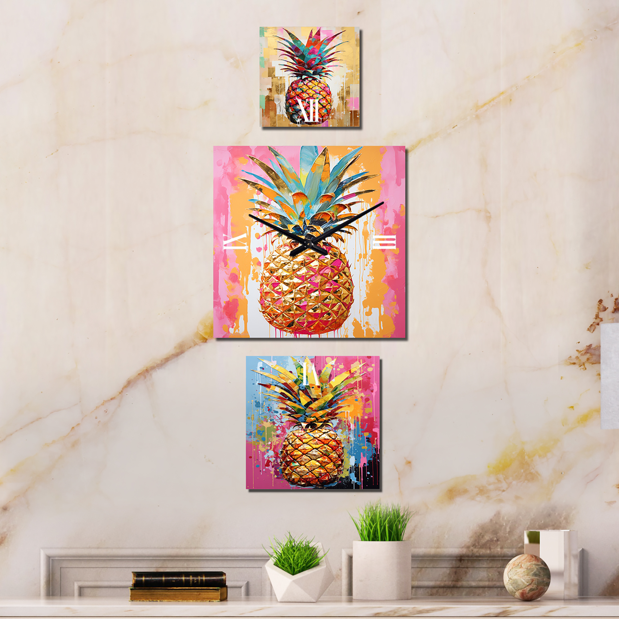 Designart "Geometric Pineapple Fruit in Gold" Fruits Extra large Clock ...