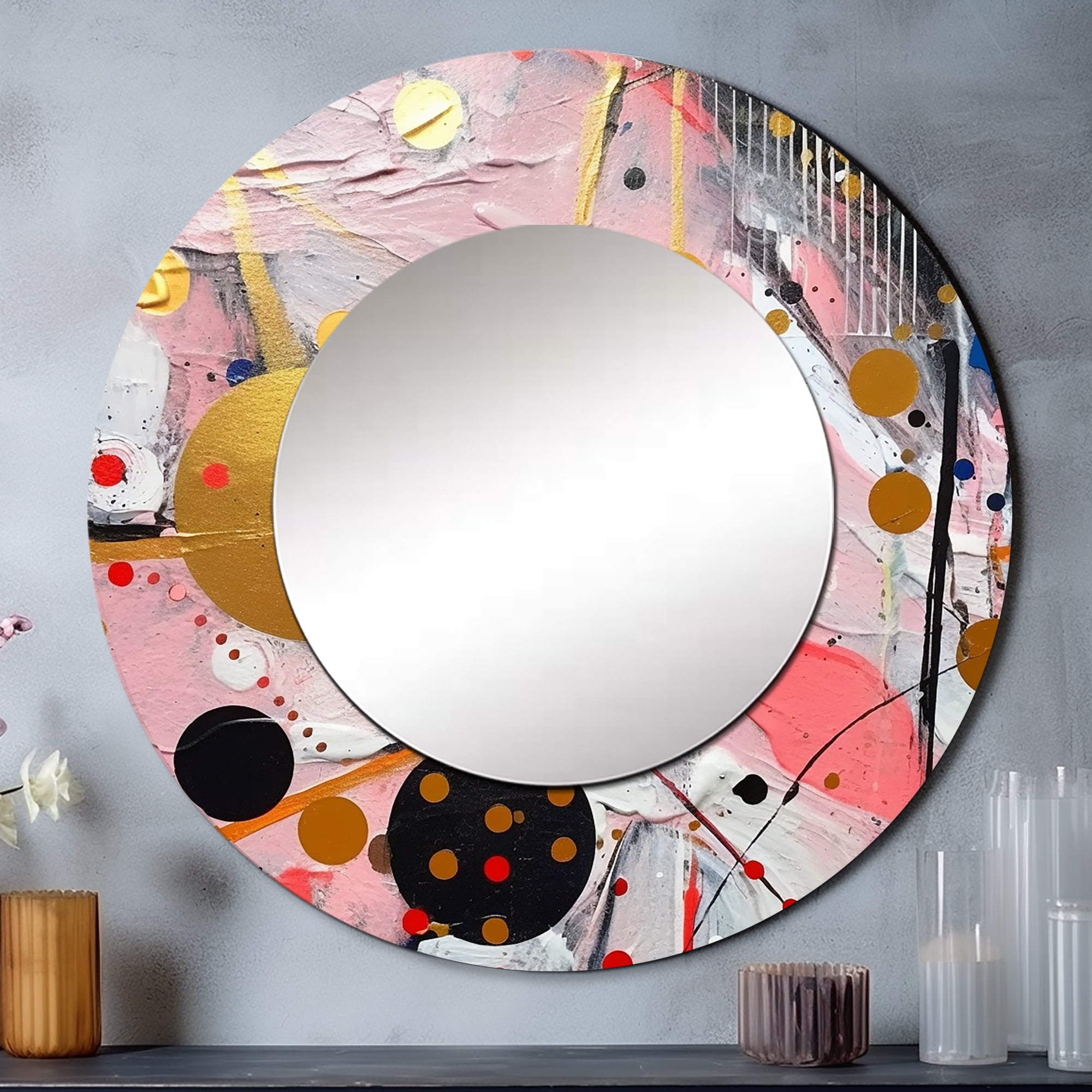 Designart "Geometric in Pink and Grey II" Modern Rund Mirror For Wall ...