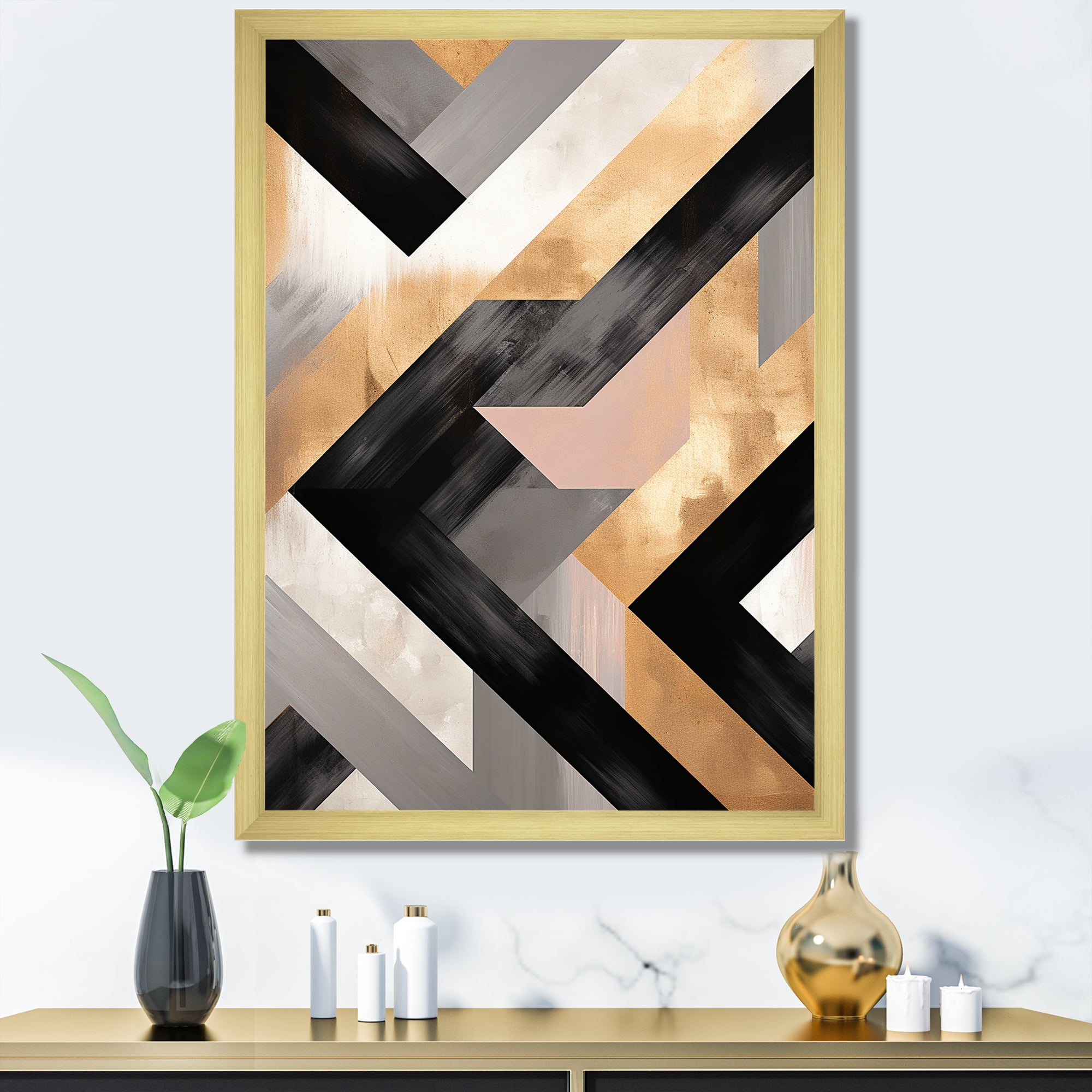 Designart "Geometric Tiles in Black and Gold III" Geometric Framed Wall ...