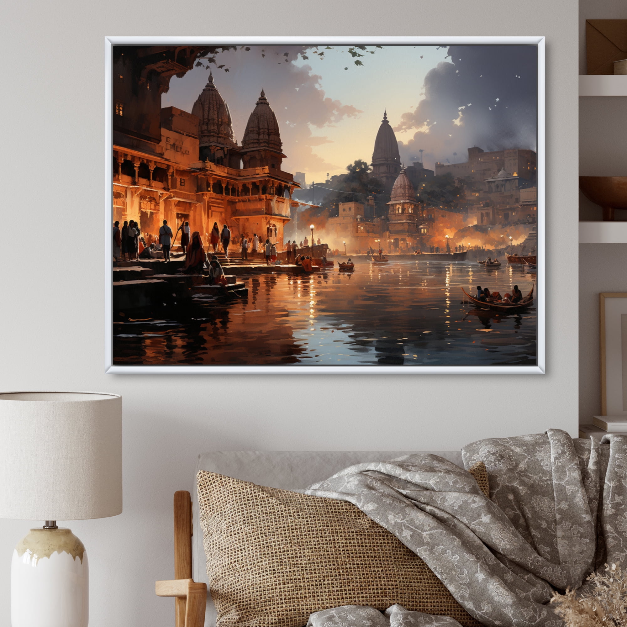 Designart "Ghats Of Indian Art Beige and Grey" Indian Floater Framed ...