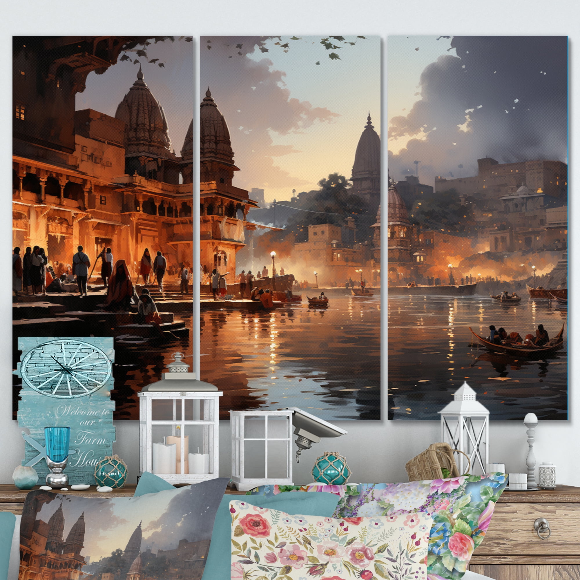 Designart "Ghats Of Indian Art Beige and Grey" Indian Wall Art Prints ...