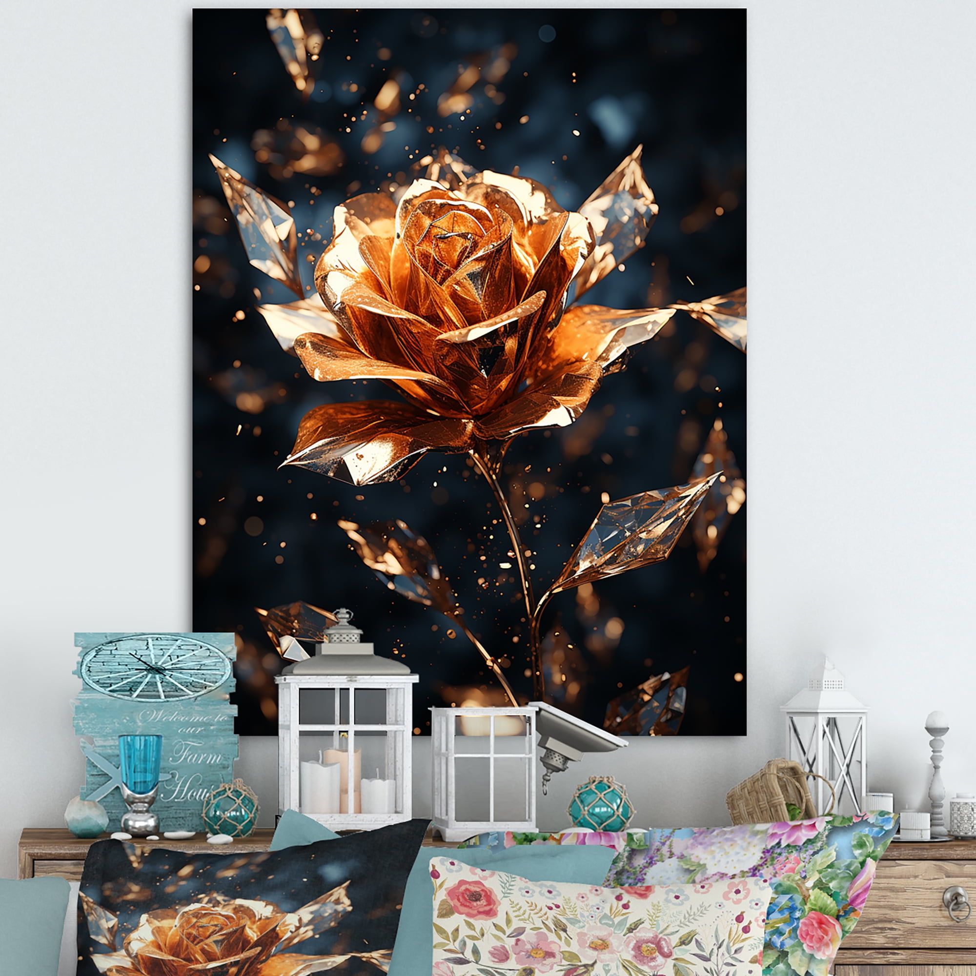 Designart "Gilded Beauty of Gold & Black Roses I" Floral Canvas Wall ...