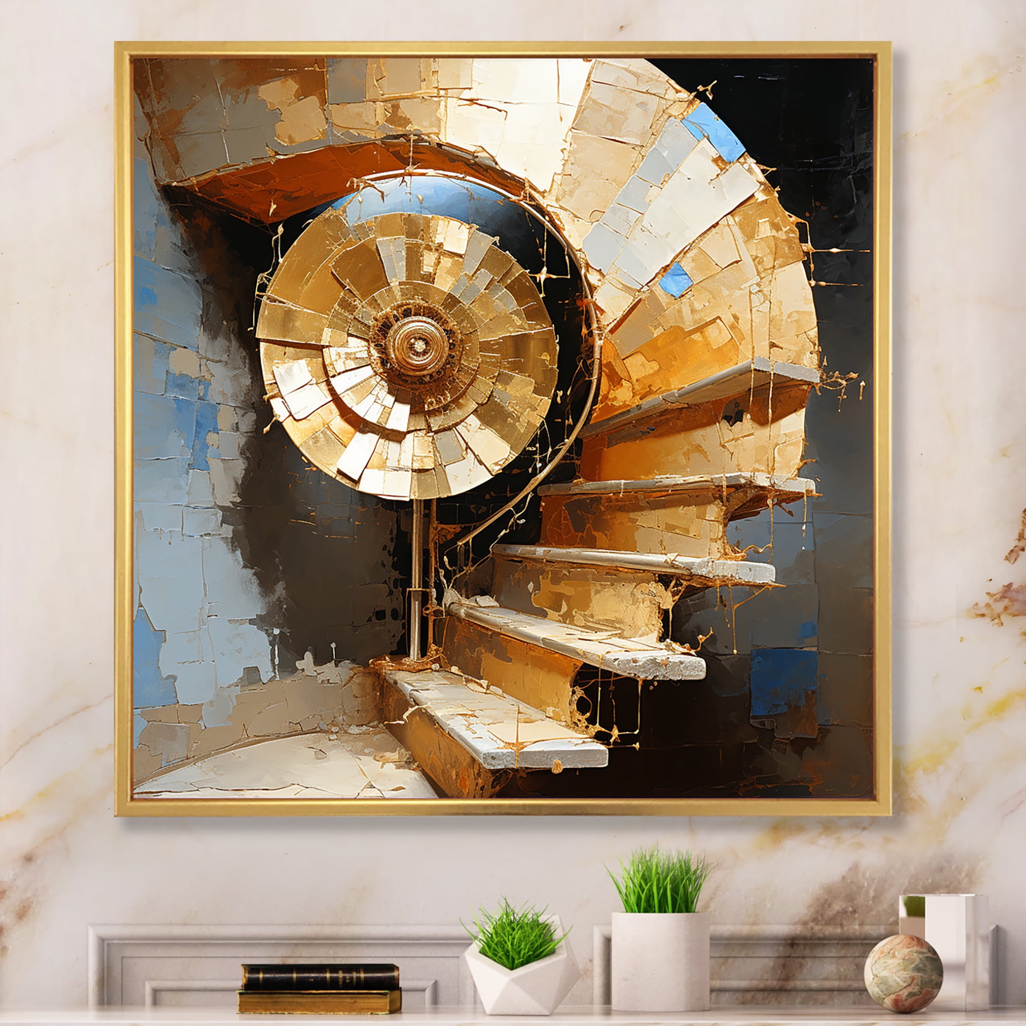 Designart "Gilded Ebony Abstract Spiral Stairway Mosaic collage ...