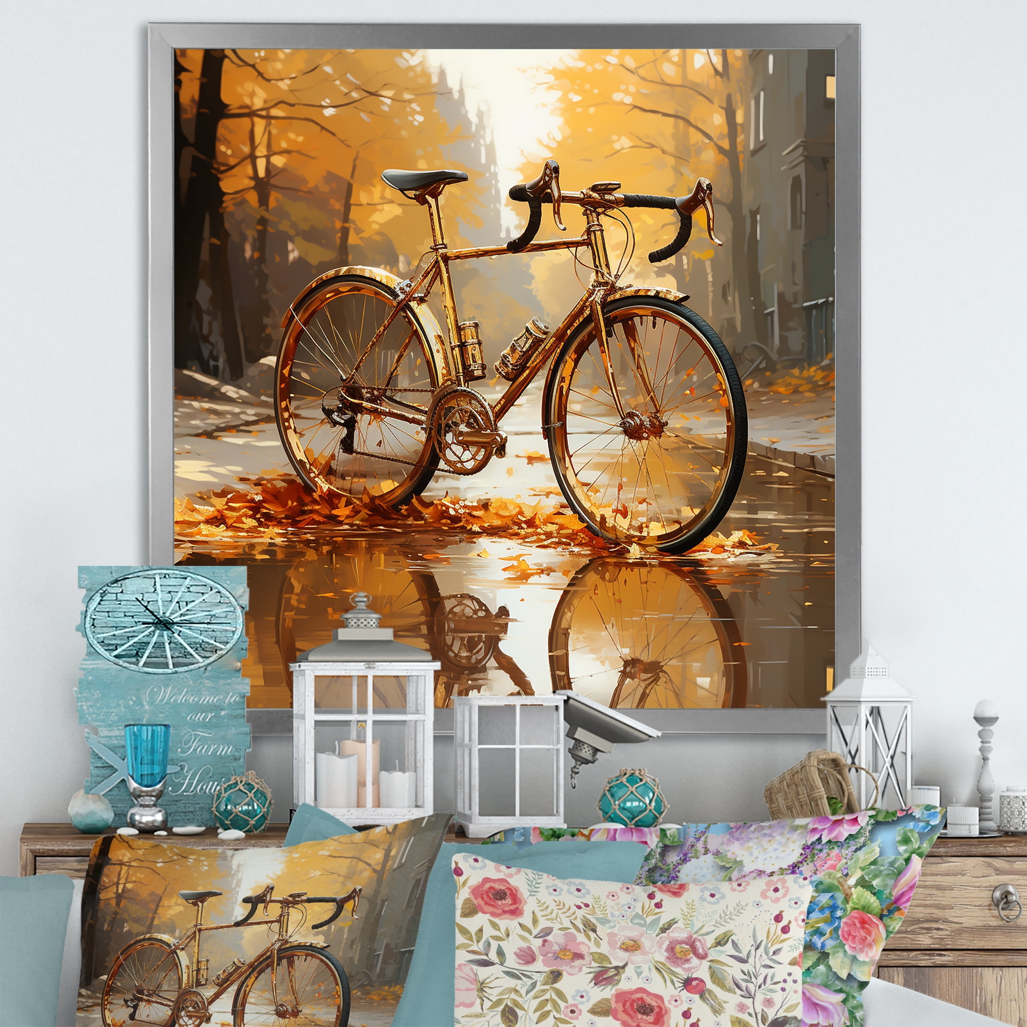 Designart "Gilded Gears Bike I" Bicycle Picture Framed Wall Art Living ...