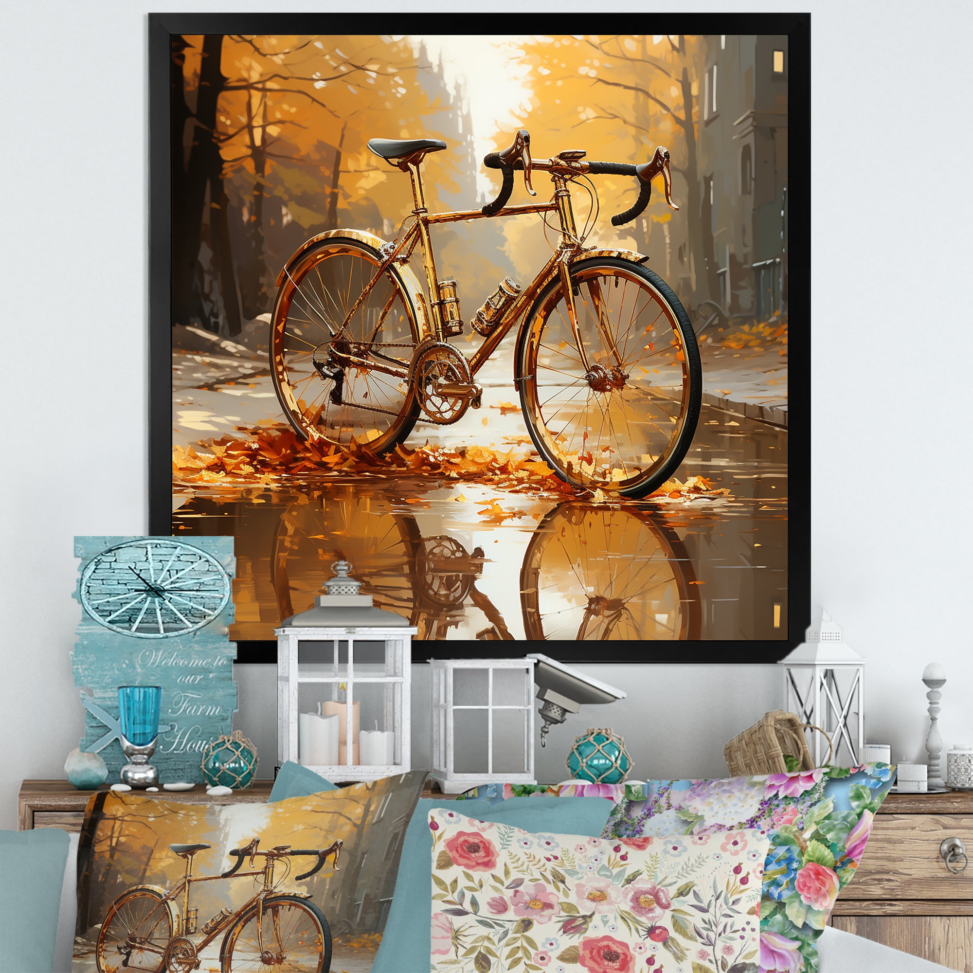 Designart "Gilded Gears Bike I" Bicycle Picture Framed Wall Art Living ...