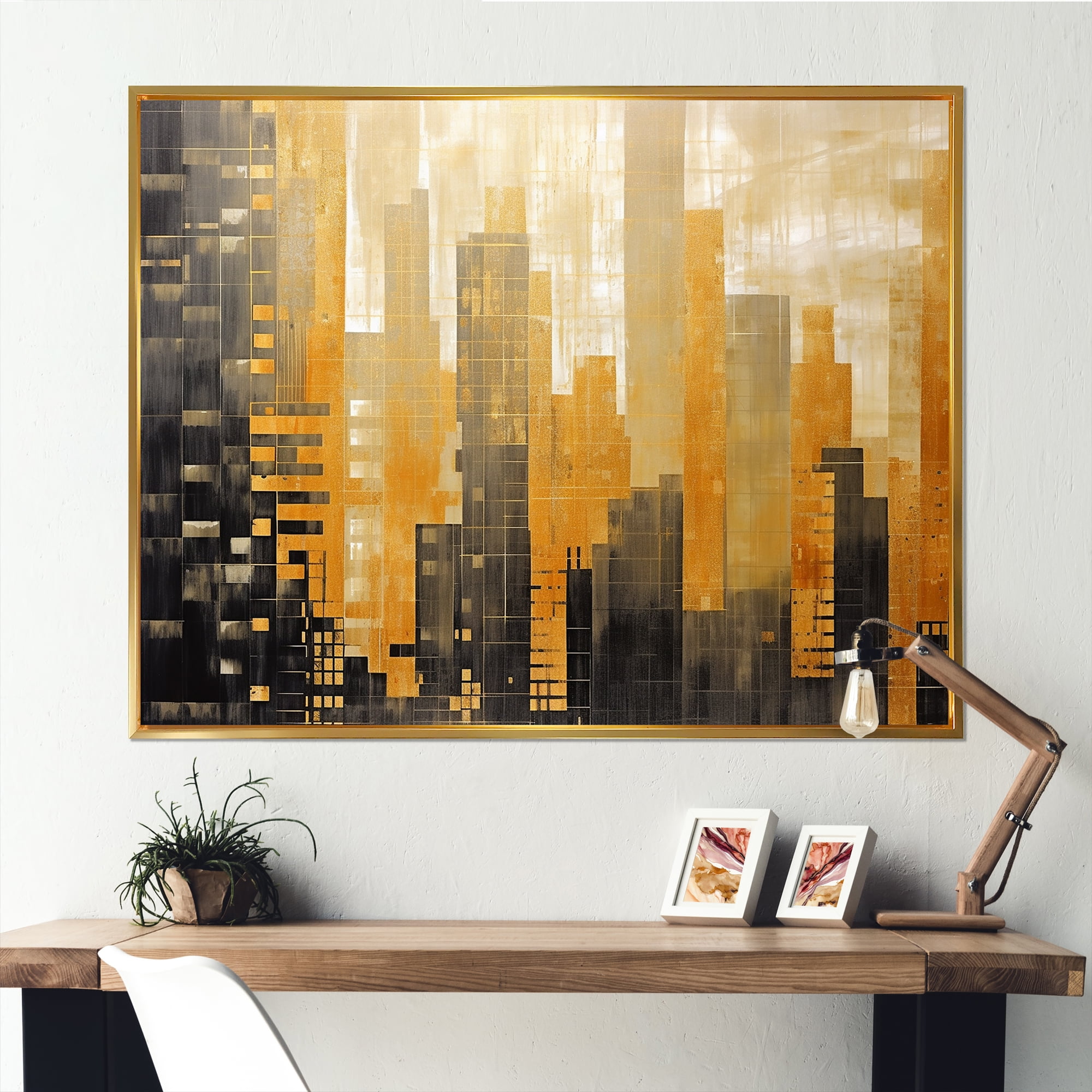Designart "Gilded Lattice Urban Skyline III" Skyscrapers Floater Framed ...