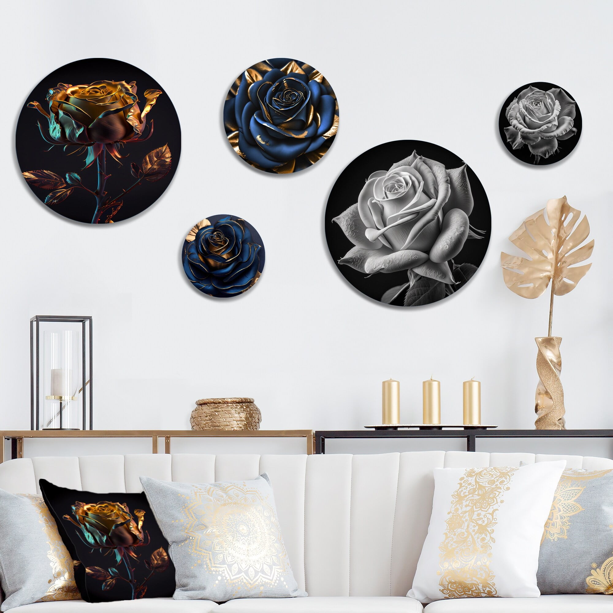 Designart "Glam Golden Rose On Black I" Floral Rose Metal Wall Art Set ...