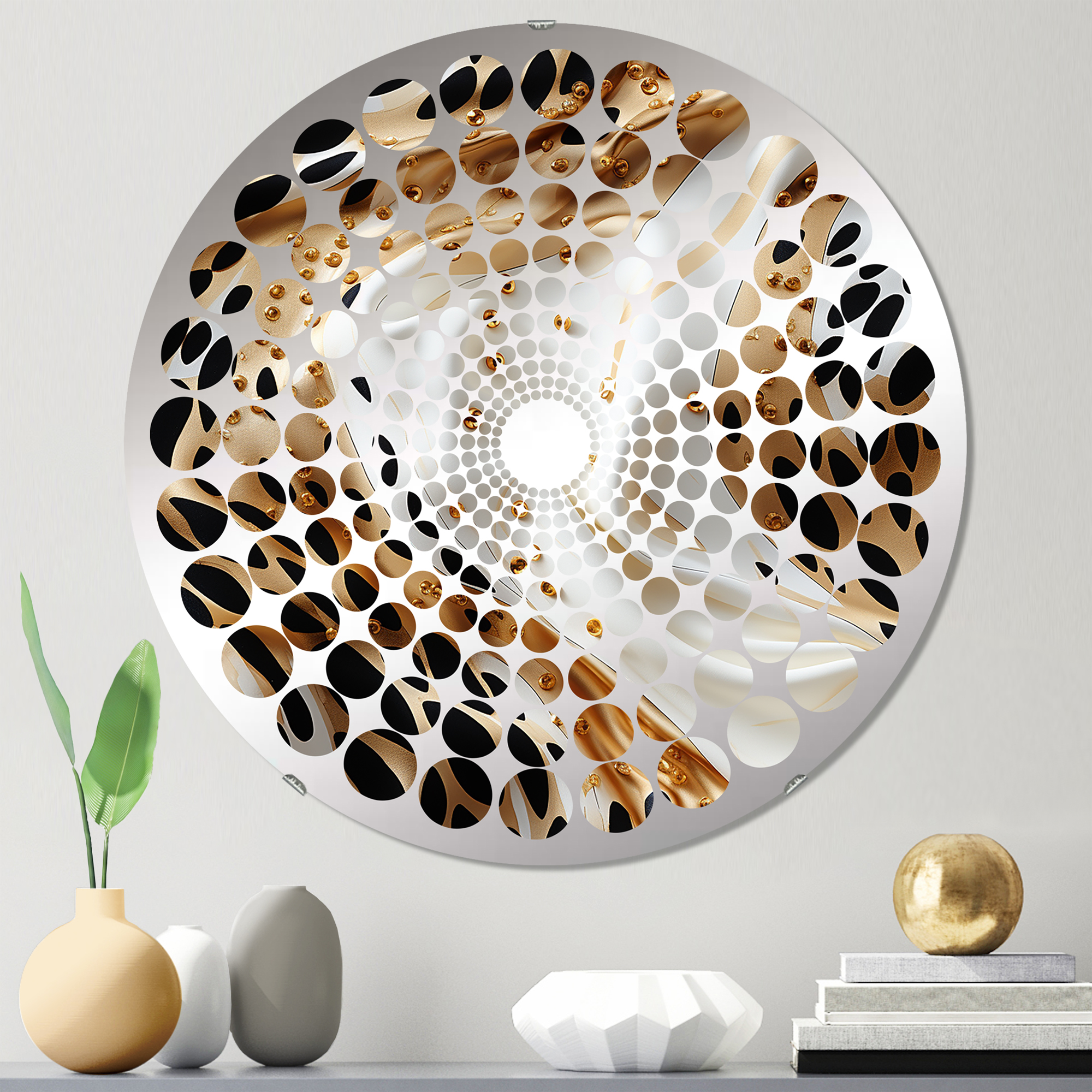 Designart "Glamorous Marble in Black and Gold" Marble Radial Dot Round ...