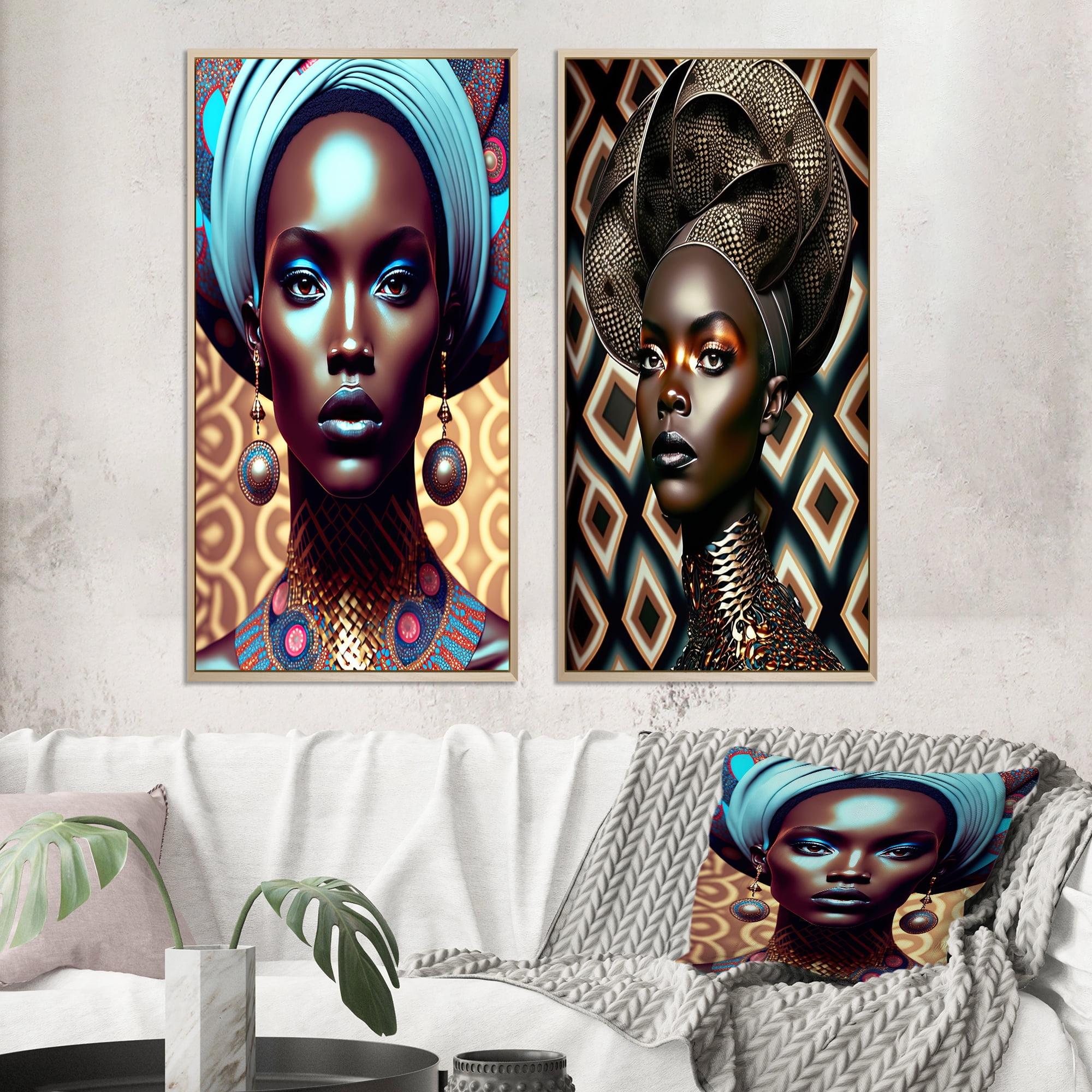 Designart "Glamorous Portrait of African Lady I" African American Framed Wall Art Set Of 2 ...