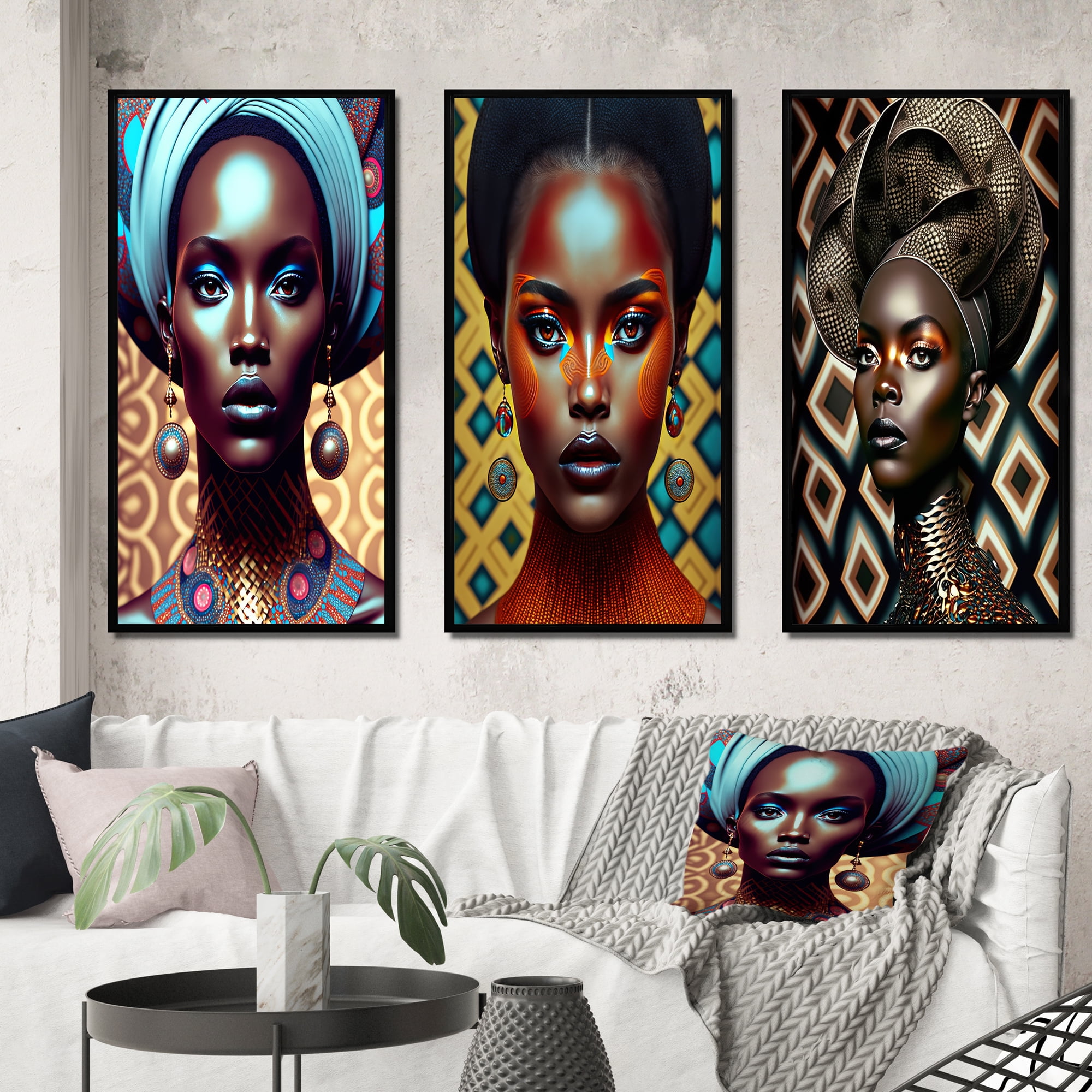 Designart "Glamorous Portrait of African Lady I" African American Framed Wall Art Set Of 3 ...