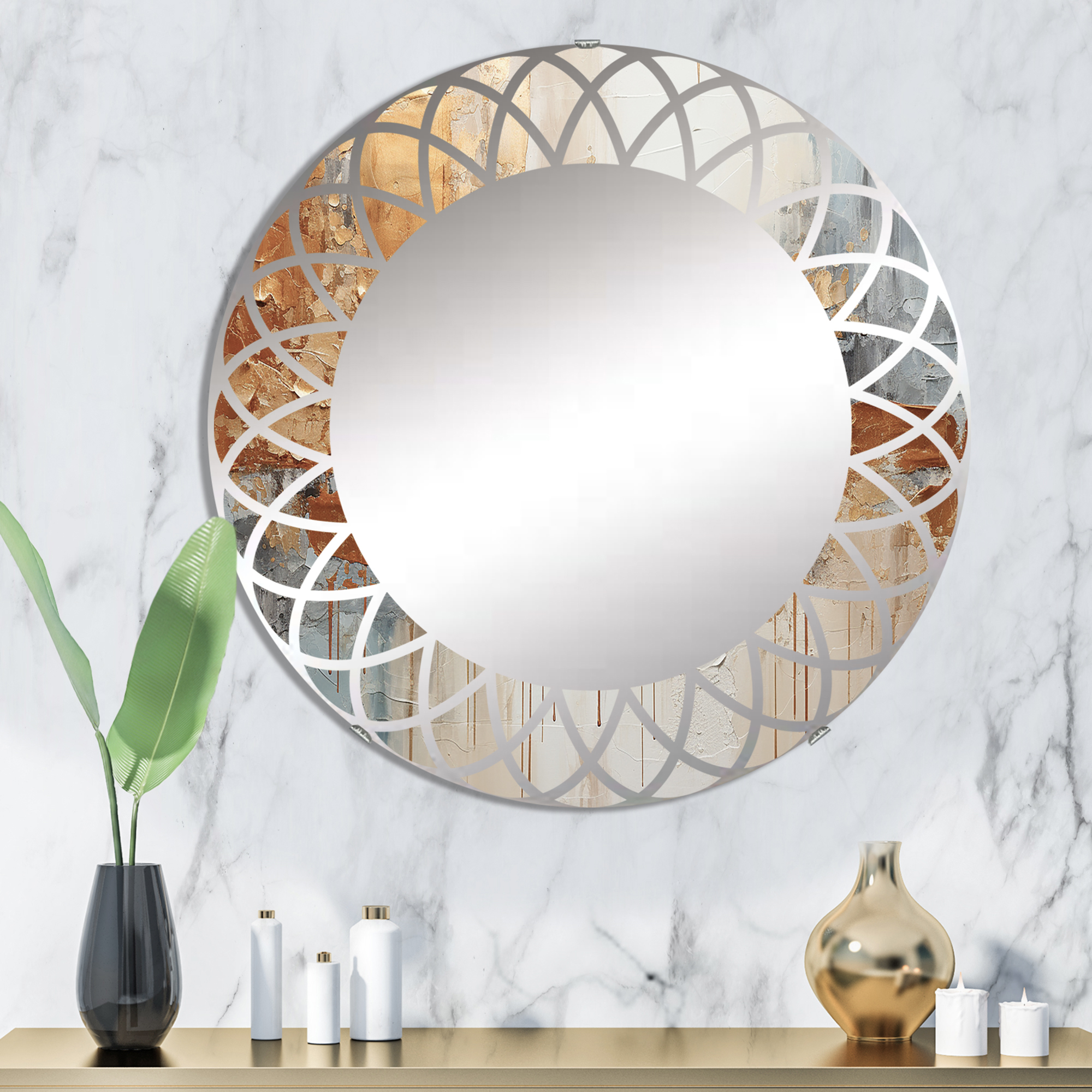 Designart "Gleaming Gold I" Abstract Collages Round Wall Mirror ...