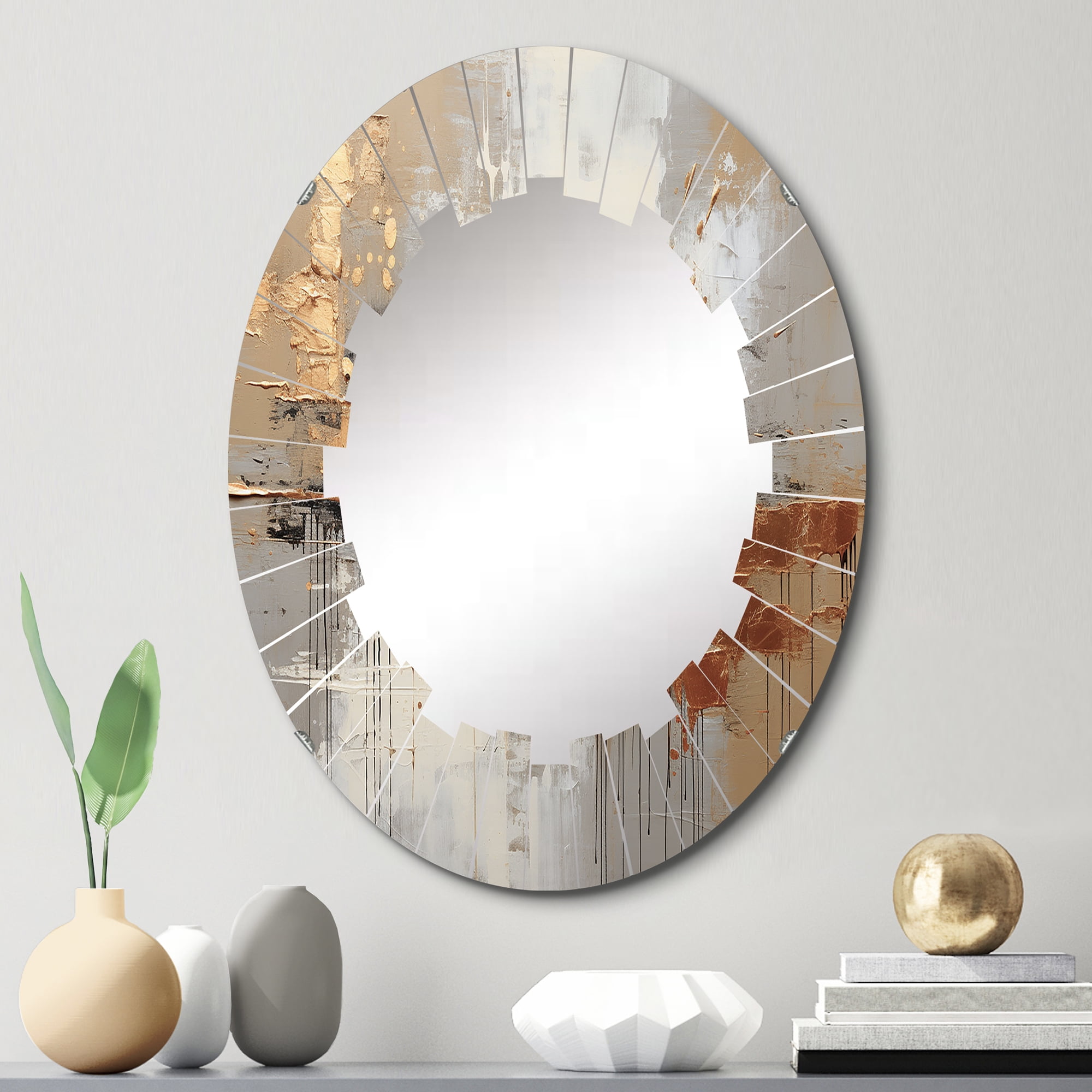Designart "Gleaming Gold III" Abstract Collages Round Wall Mirror ...