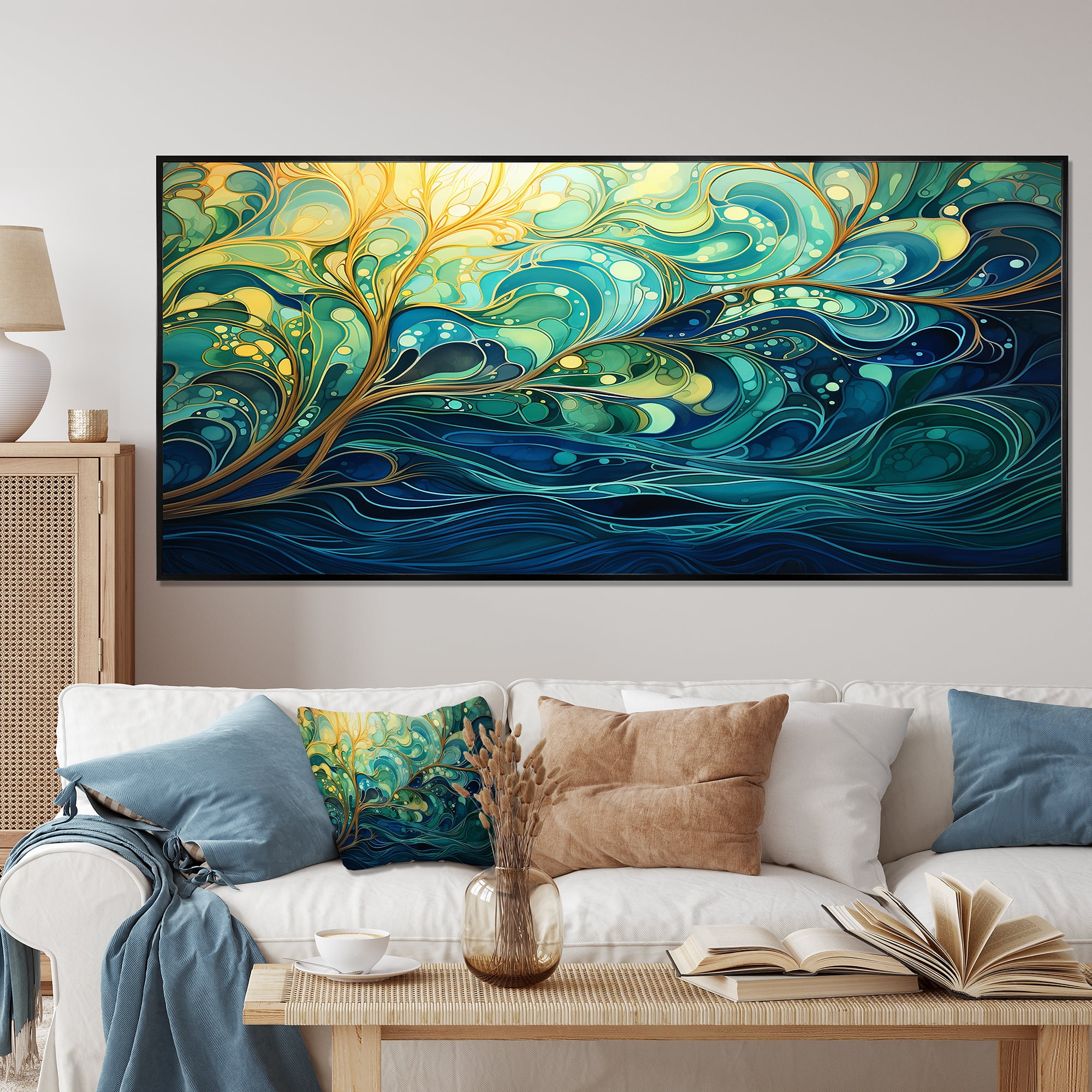 Designart "Gleaming Ink in Green and Yellow II" Abstract Framed Wall ...