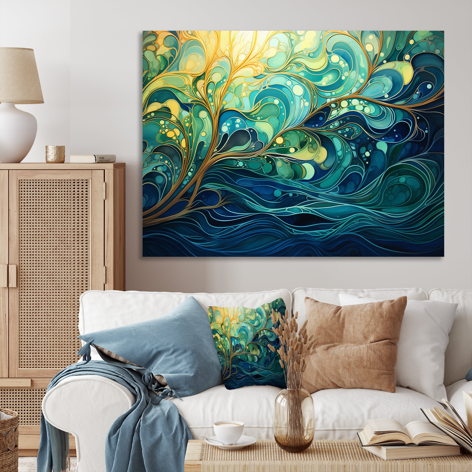 Designart "Gleaming Ink in Green and Yellow II" Oversized Abstract Wall ...