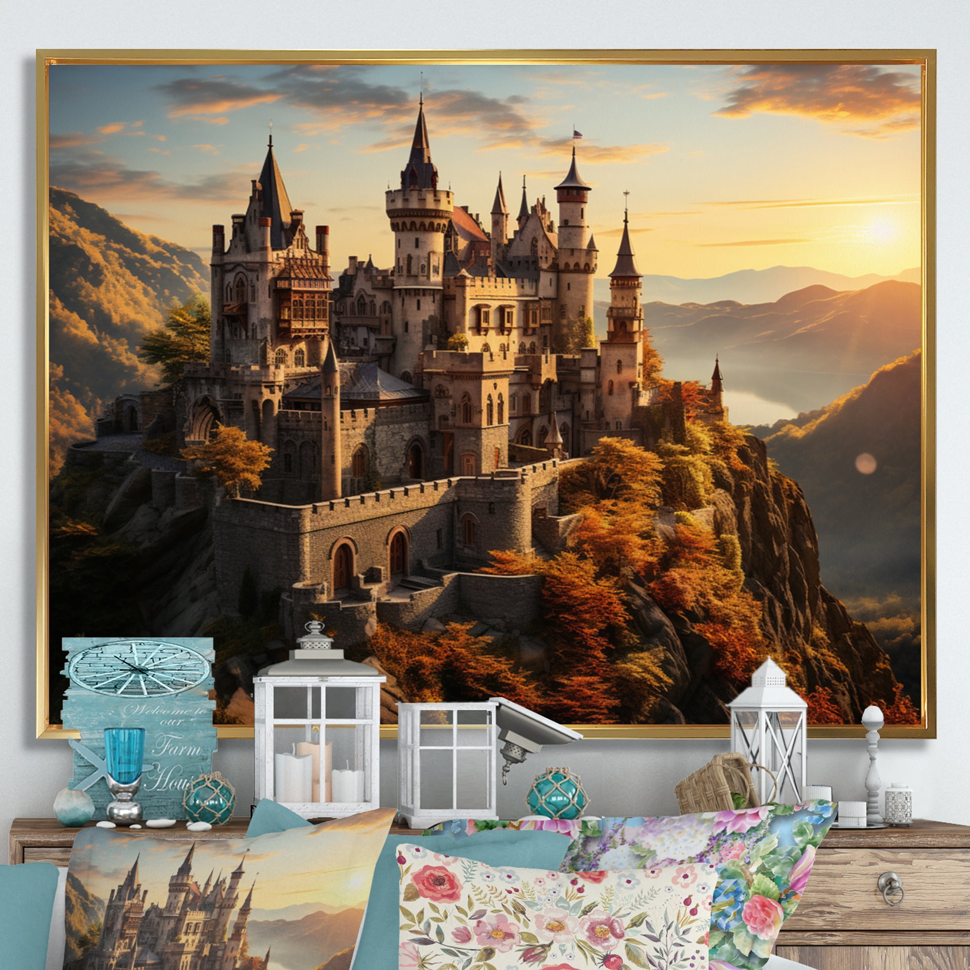 Designart "Glow Warm Castles Golden art painting" Architecture Floater ...