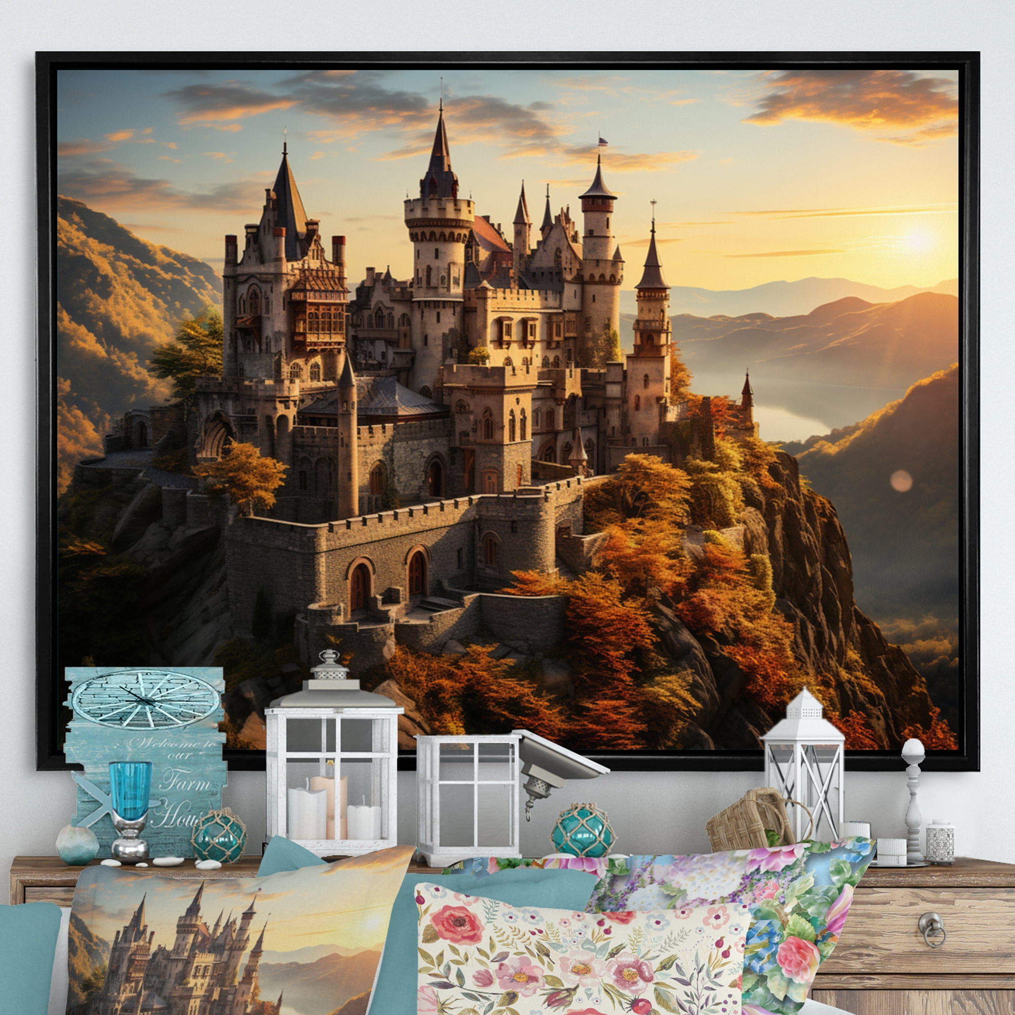 Designart "Glow Warm Castles Golden art painting" Architecture Floater ...