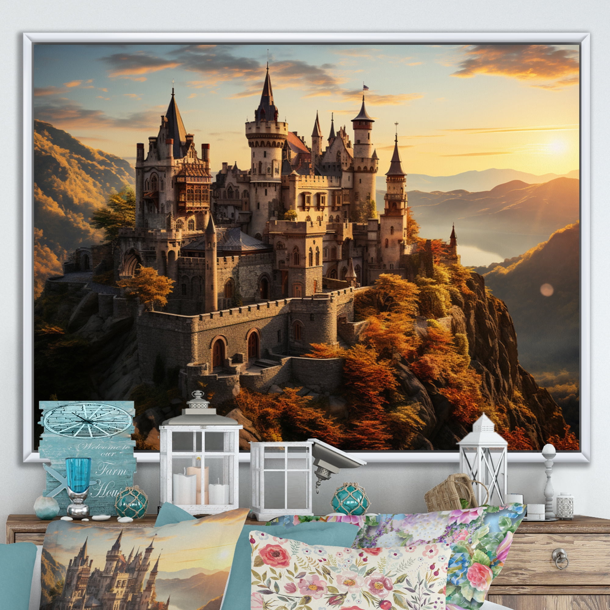 Designart "Glow Warm Castles Golden art painting" Architecture Floater ...