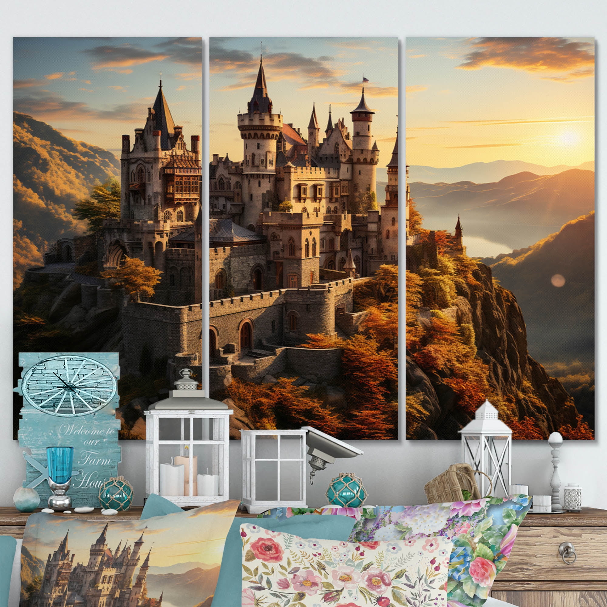 Designart "Glow Warm Castles Golden art painting" Architecture Metal ...