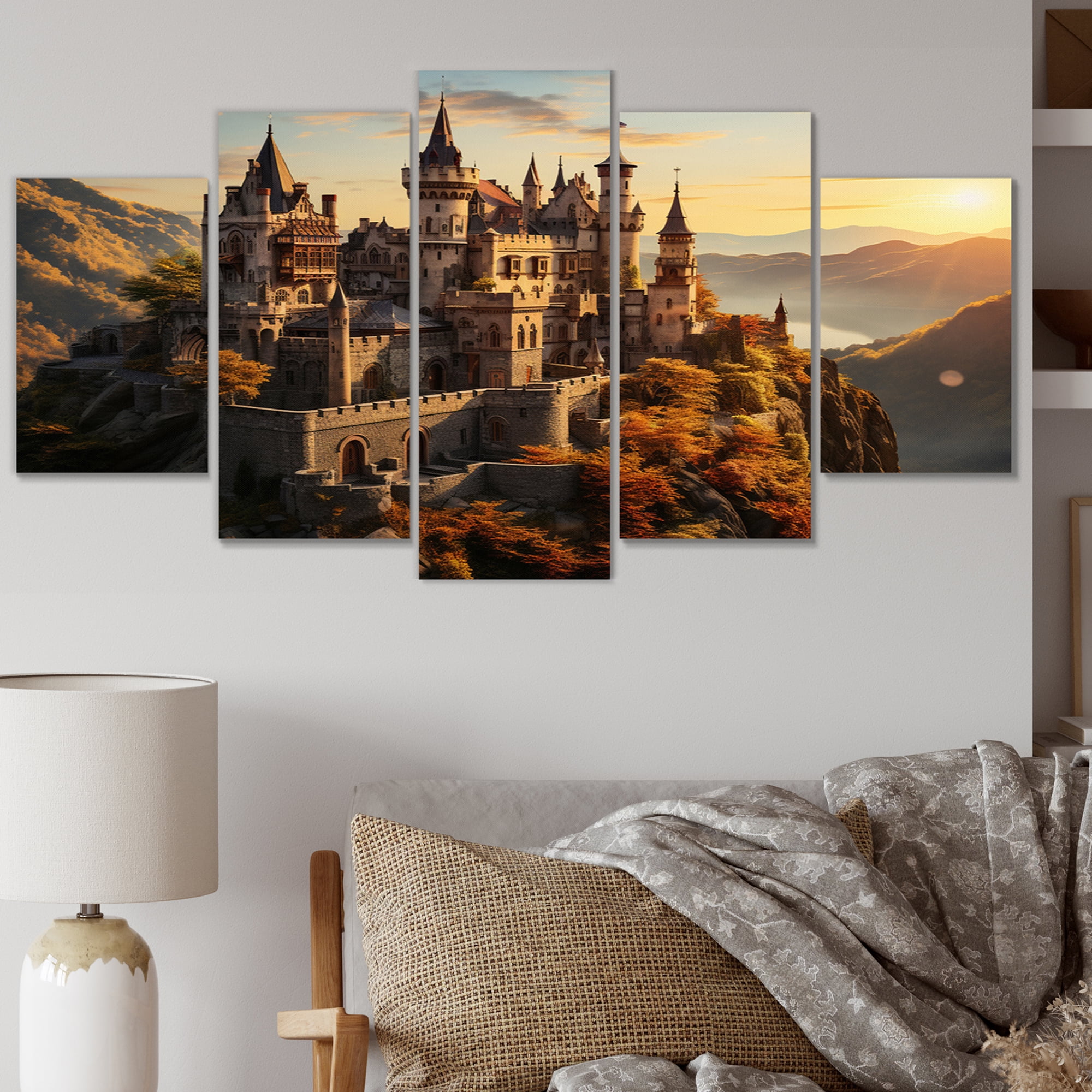 Designart "Glow Warm Castles Golden art painting" Architecture Metal ...