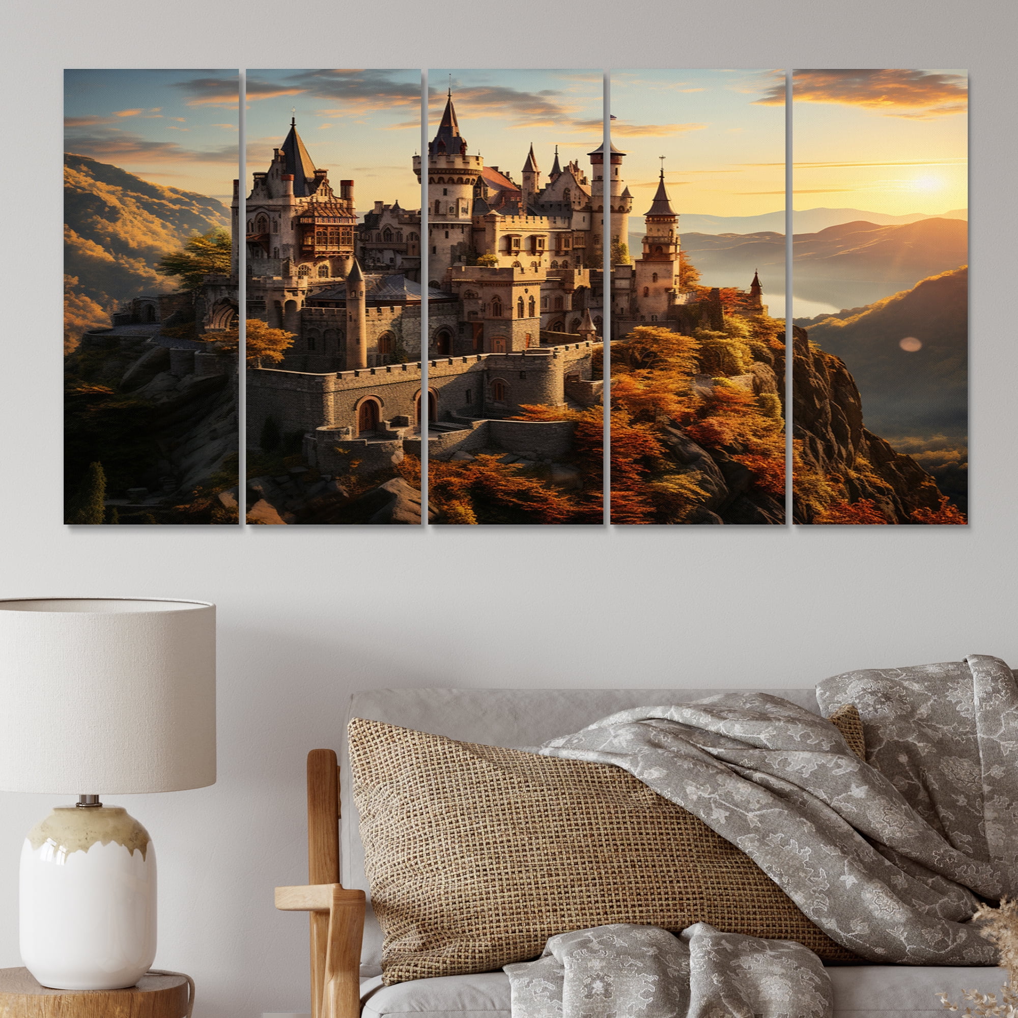 Designart "Glow Warm Castles Golden art painting" Architecture Metal ...