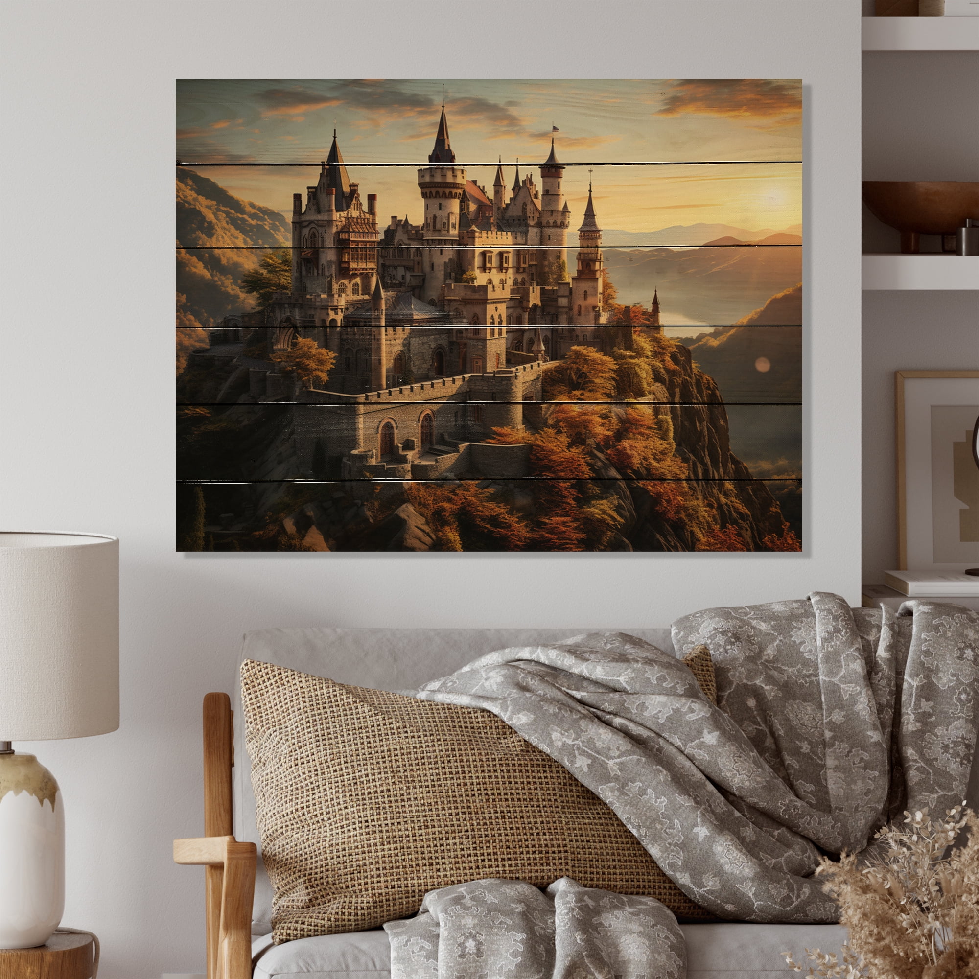 Designart "Glow Warm Castles Golden art painting" Architecture Print on ...