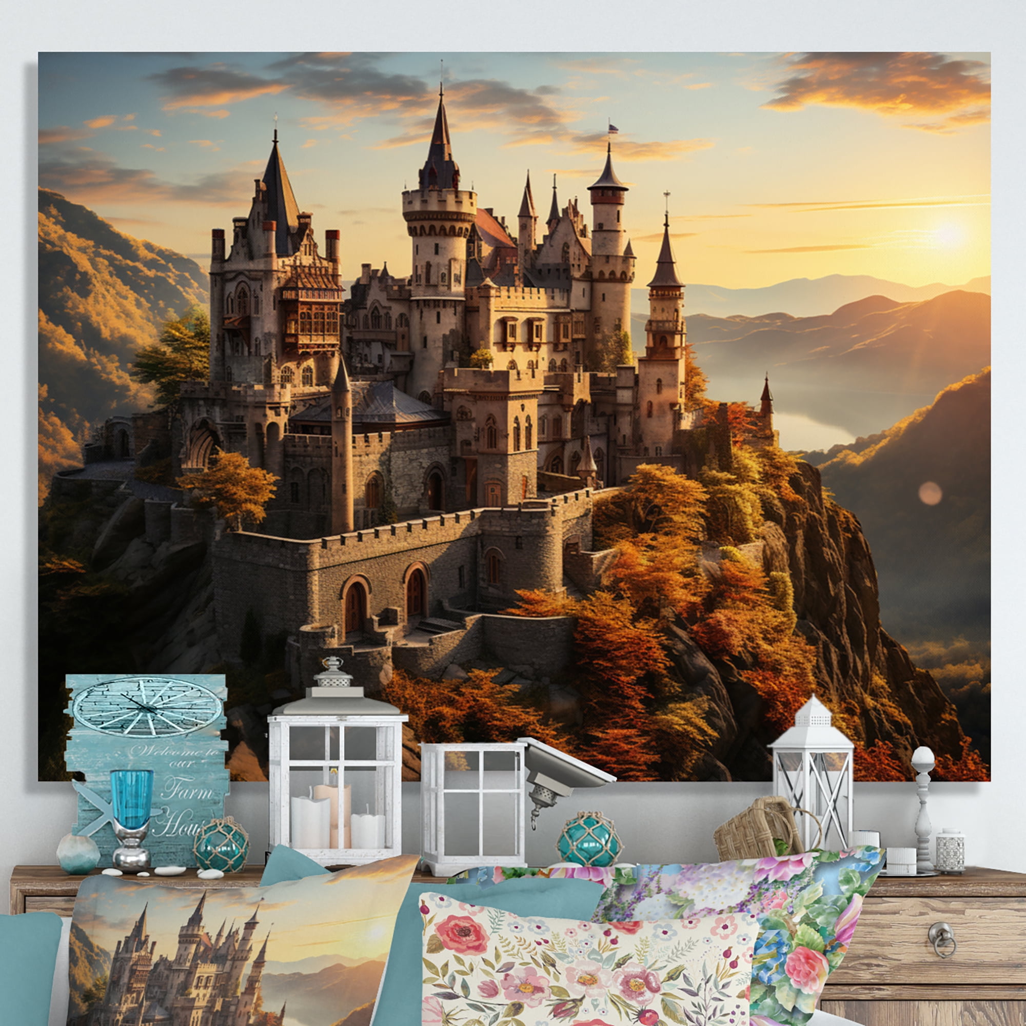 Designart "Glow Warm Castles Golden art painting" Architecture Wall ...