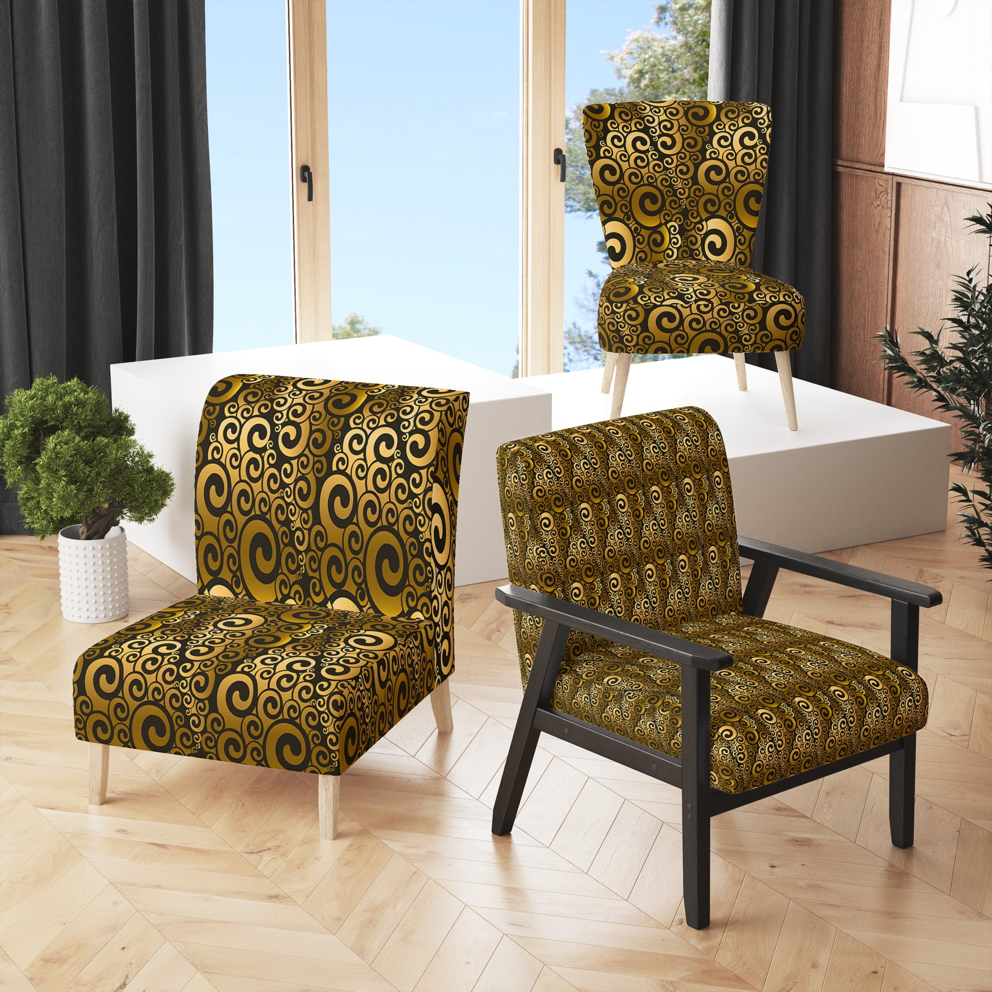 Designart "Gold And Black Swirl I" Upholstered Mid-Century Accent Chair ...