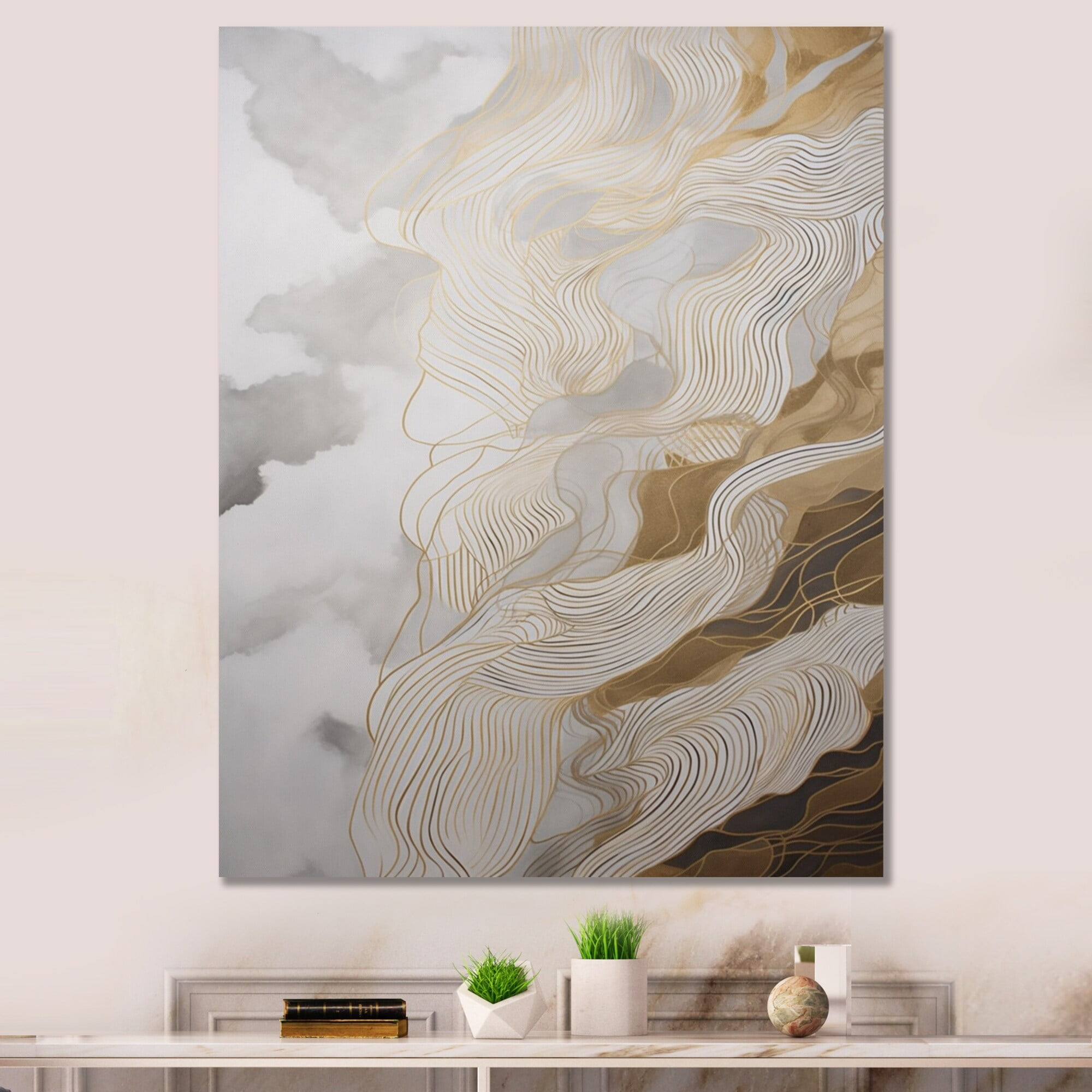Designart "Gold And Grey Abstracted Line Artistry III" Minimalism Line ...