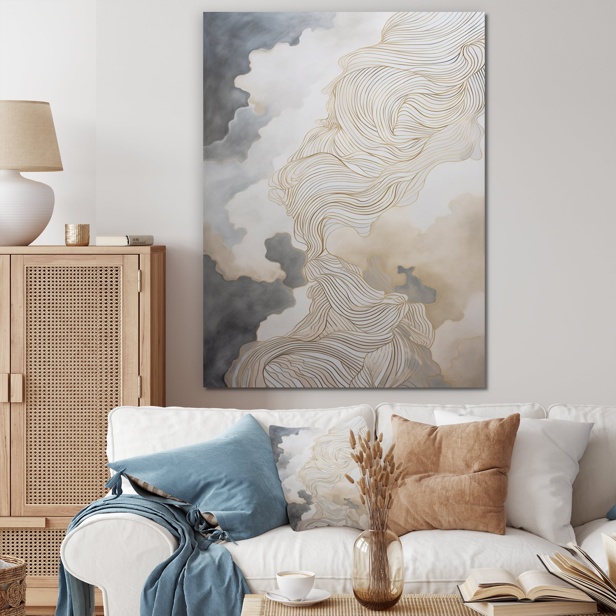 Designart "Gold And Grey Abstracted Line Artistry IV" Minimalism Line ...