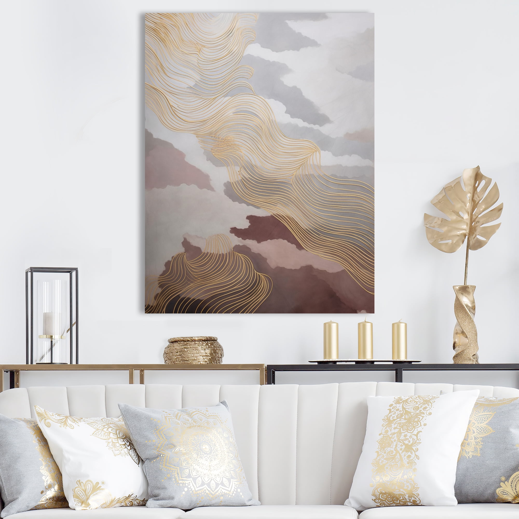 Designart "Gold And Grey Linear Expressions IV" Minimalism Line Art ...