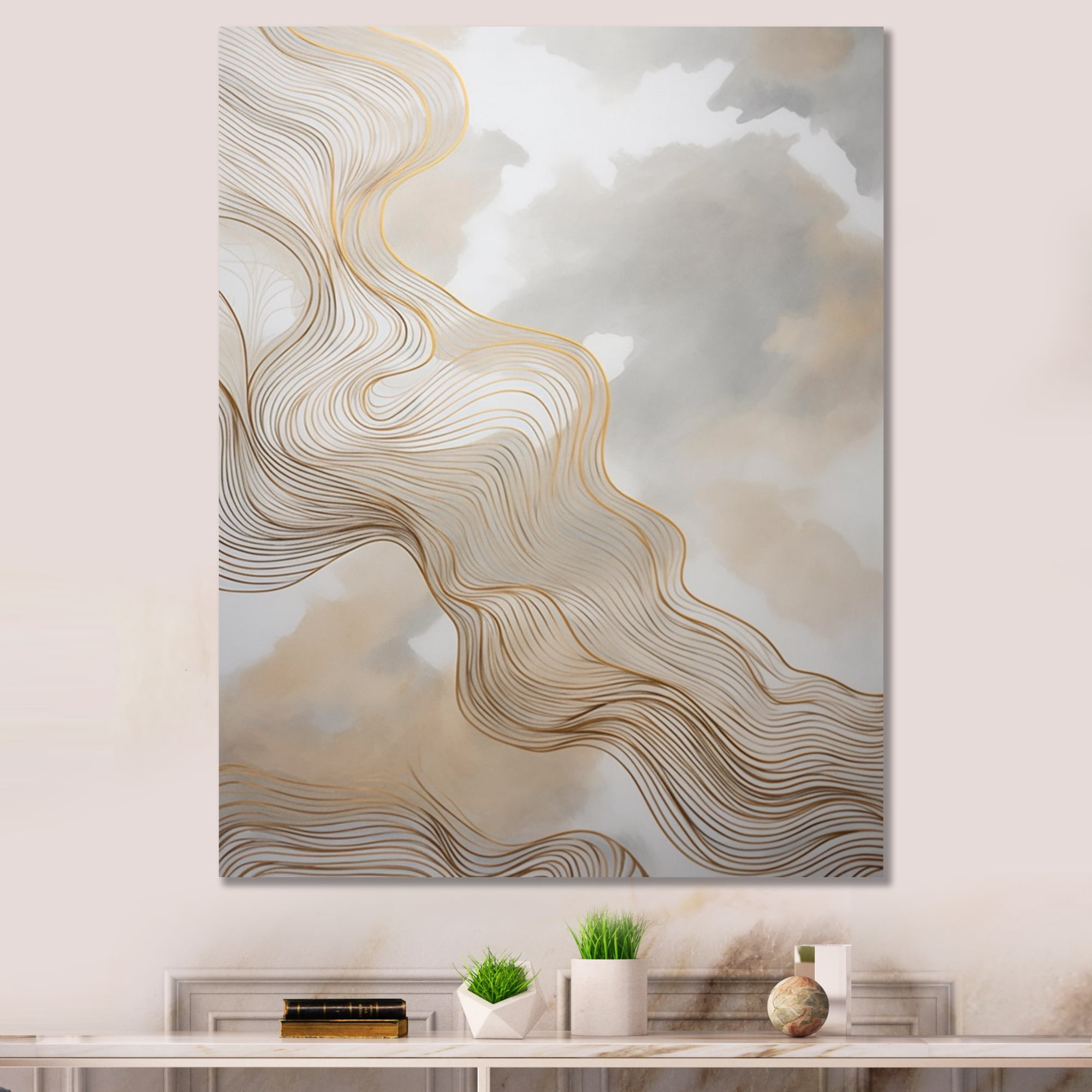 Designart "Gold And Grey Linear Expressions V" Minimalism Line Art Wall ...