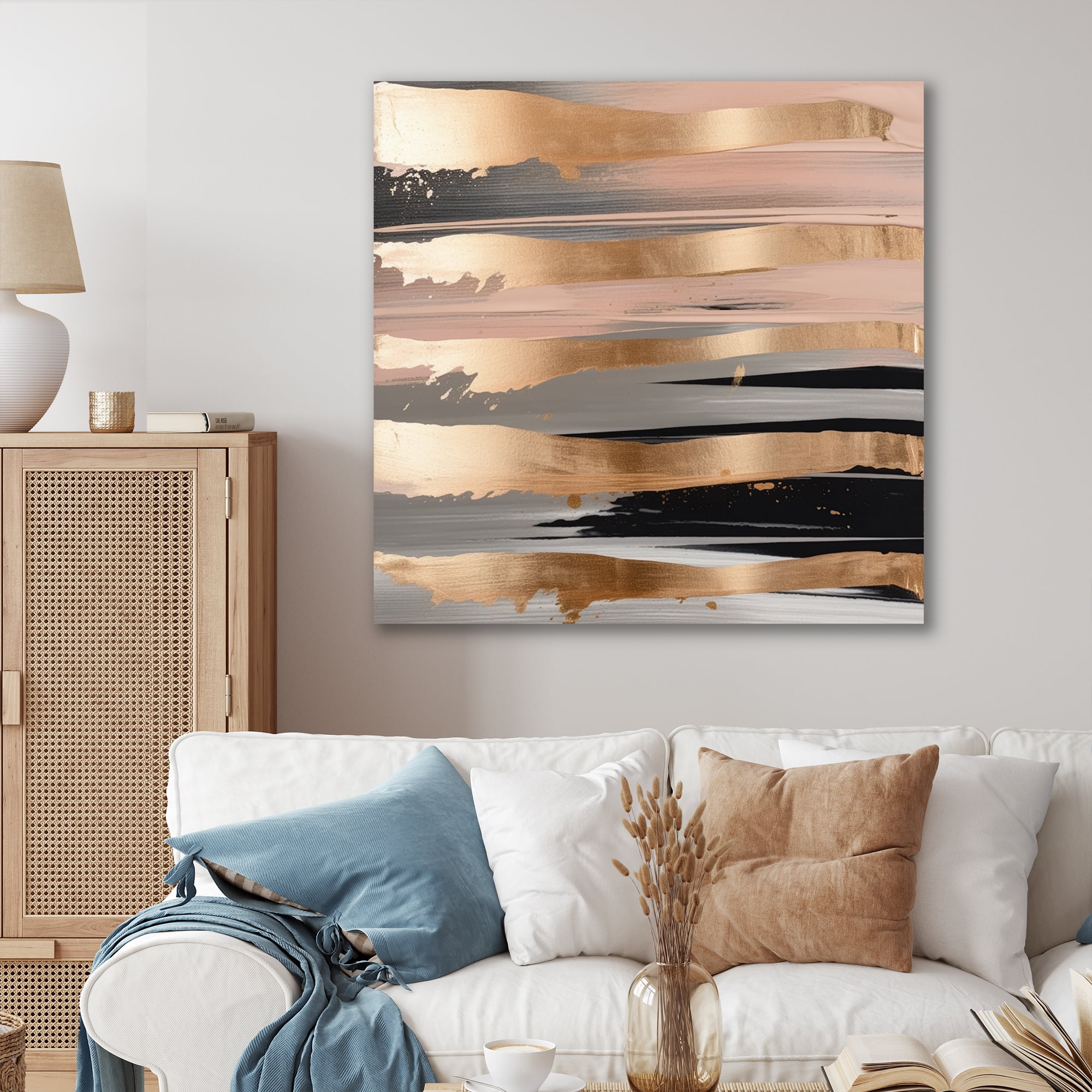 Designart "Gold And Pink Forms In Contemporary II" Abstract Canvas Wall ...