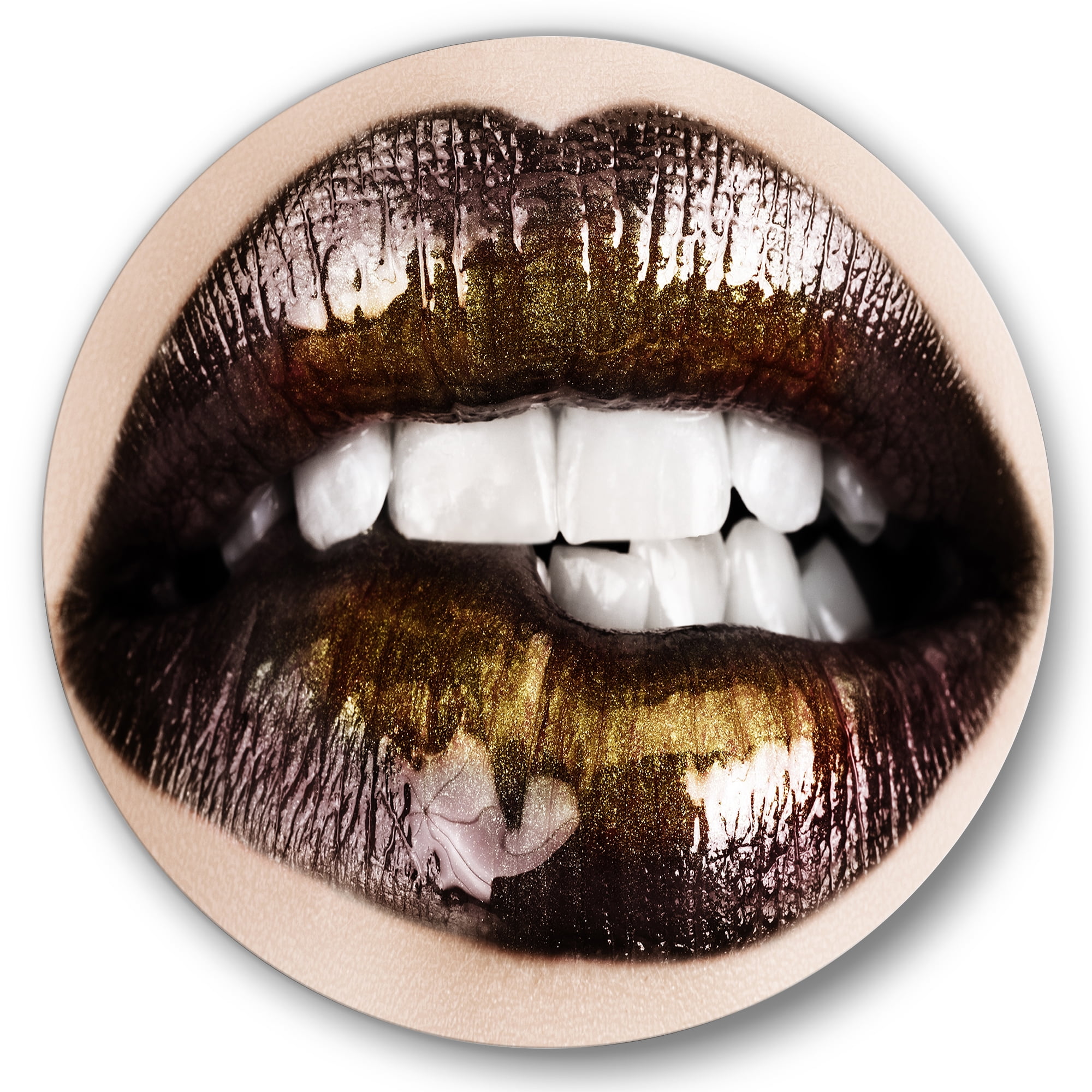 Designart 'Gold Black Lips Biting' Modern Circle Metal Wall Art 29x29 ...