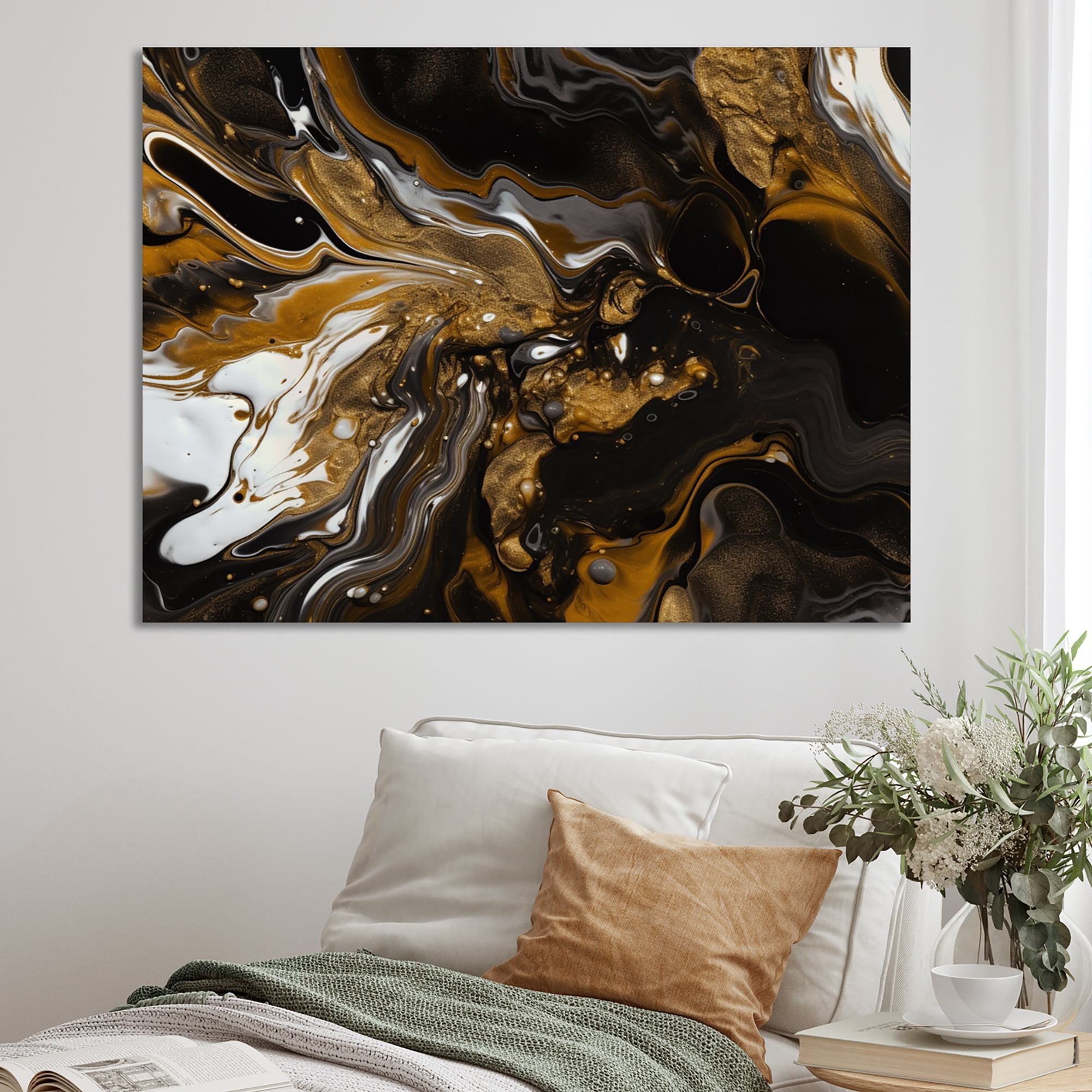 Designart "Gold Black Marbled Dreamscape III" Modern Geometric Wall Art ...