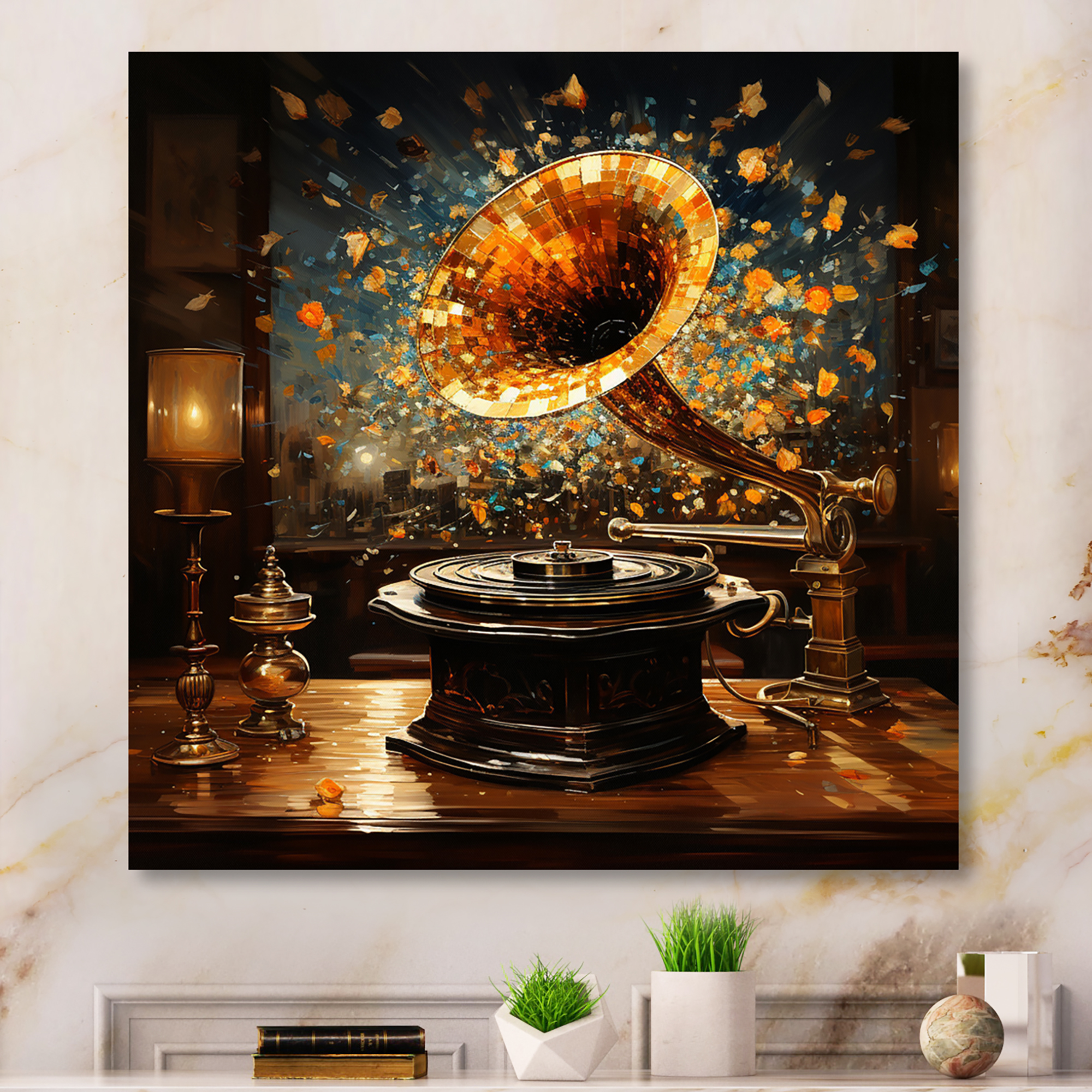 Designart "Gold Black Phonographs Vintage Resonance painting" Music ...