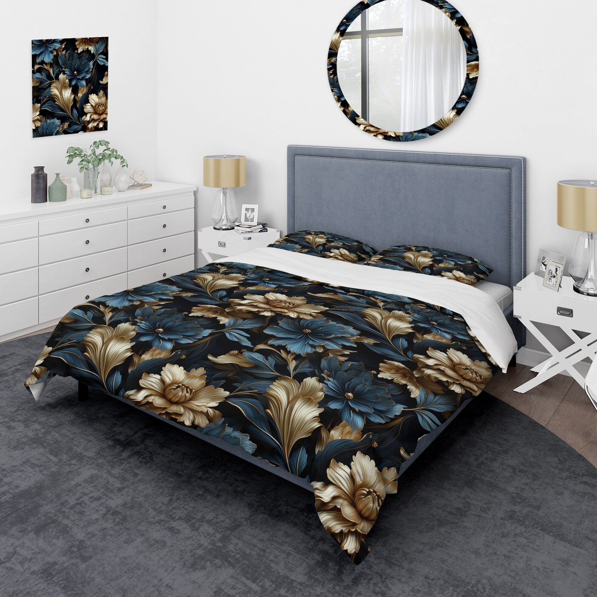 Designart "Gold Blue Digital Damask" Damask Bedding Covert Set ...