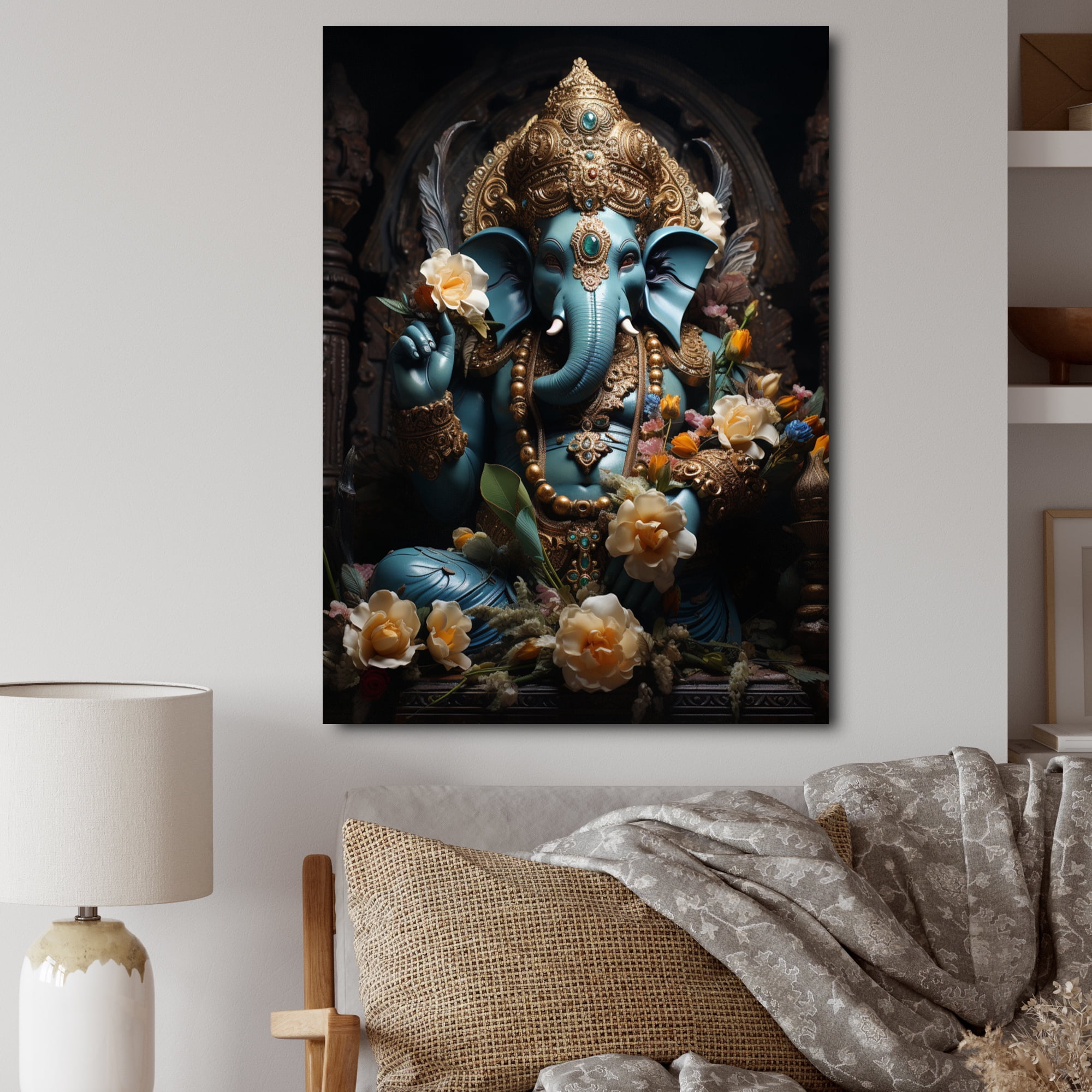 Designart "Gold Blue Indian Art Mystic Ganesha" Indian Canvas Art Print ...