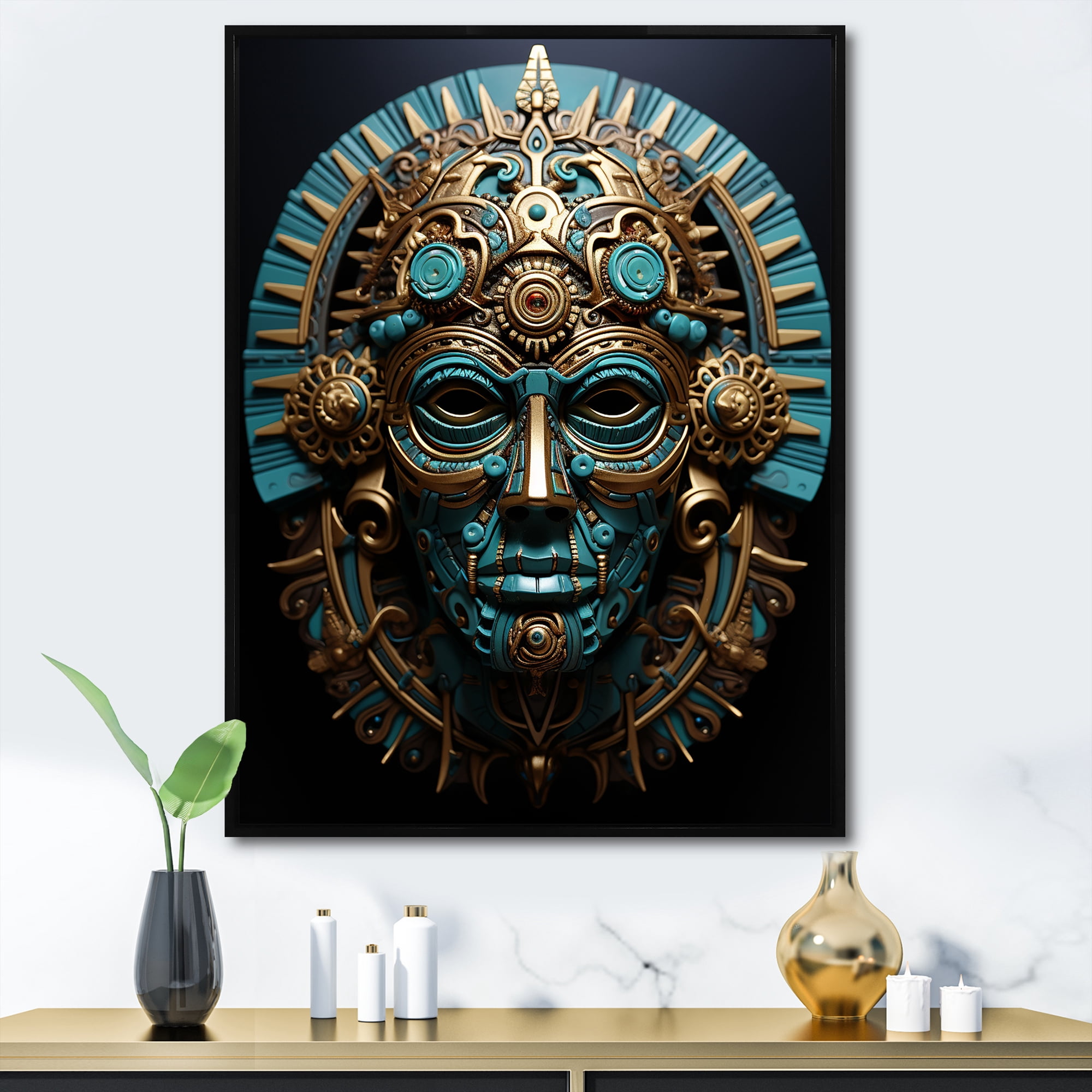 Designart "Gold Blue Mexico Vibrant Aztec Mask I" Mexico Floater Framed ...