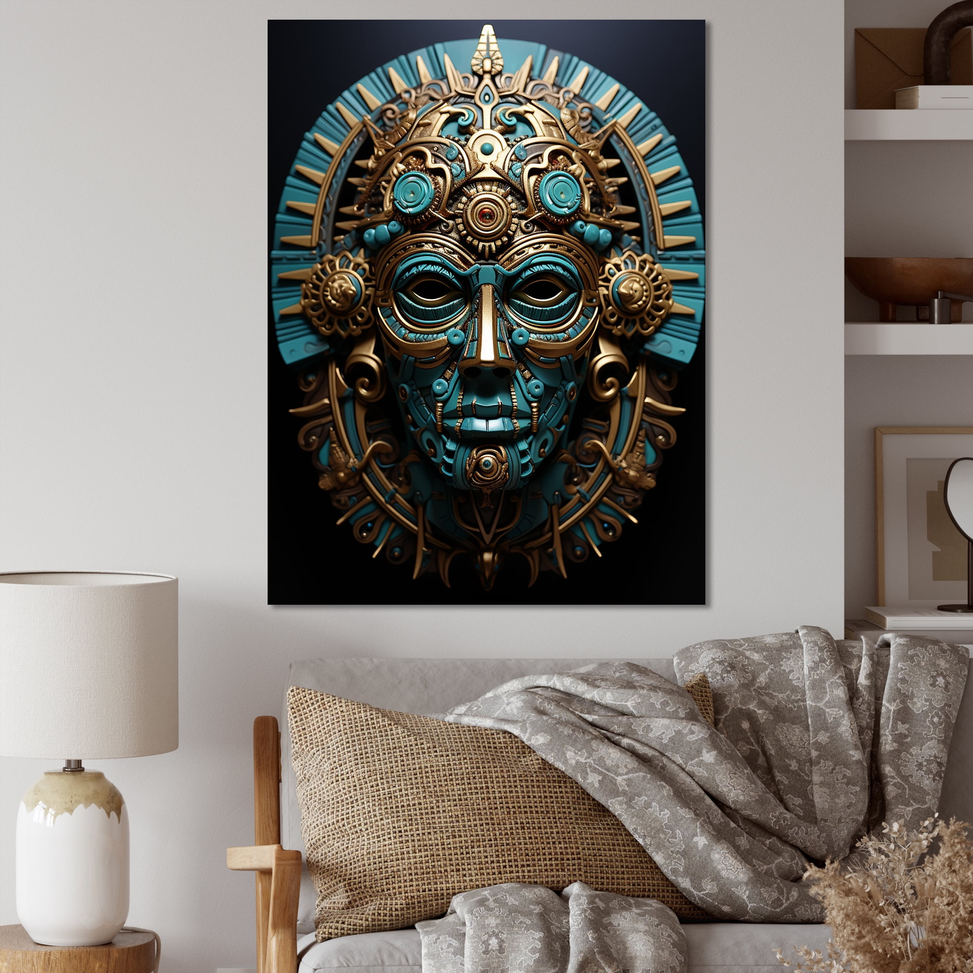 Designart "Gold Blue Mexico Vibrant Aztec Mask I" Mexico Wall Art ...