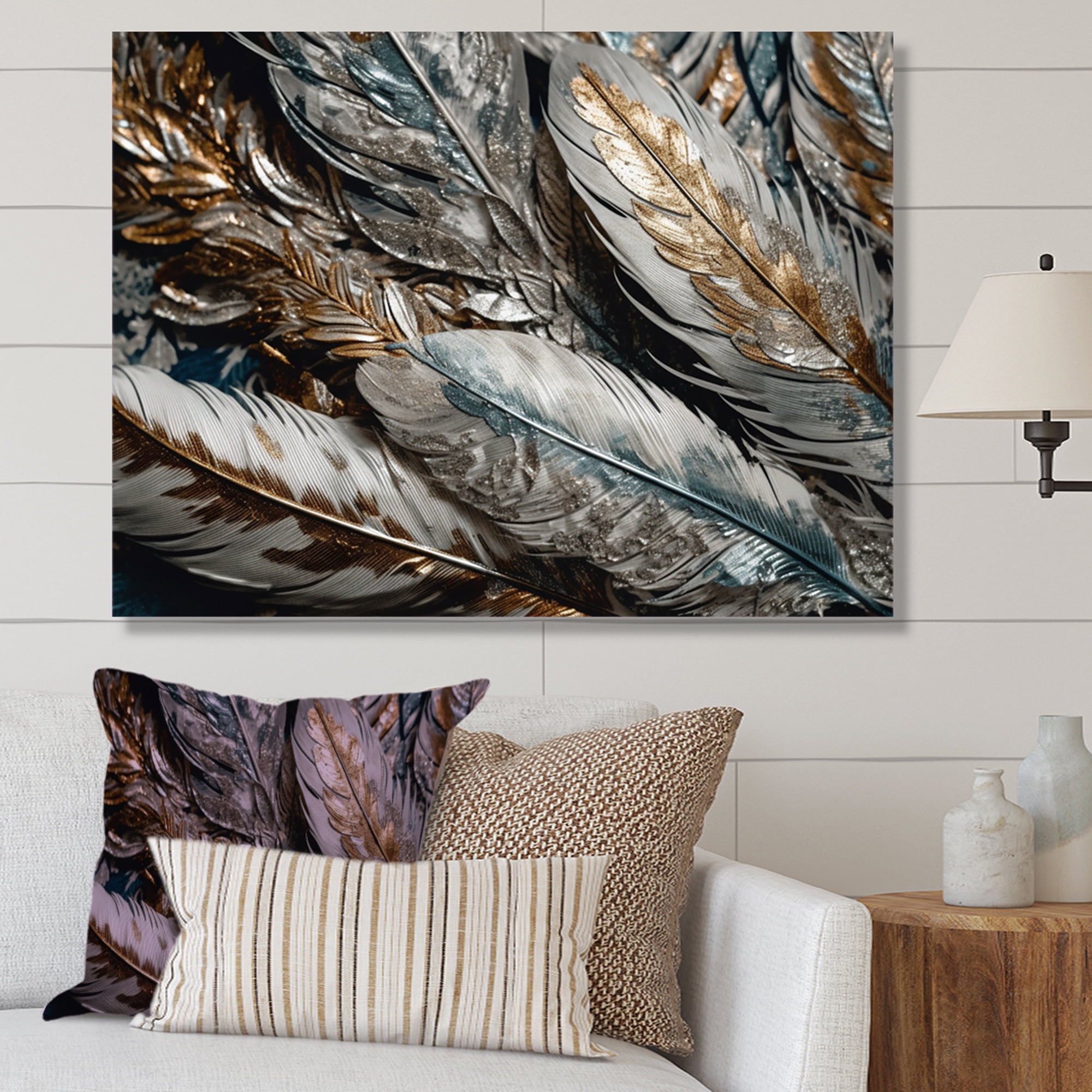 Designart "Gold Gilded Feathers III" Glam Feather Wall Art For Bathroom ...