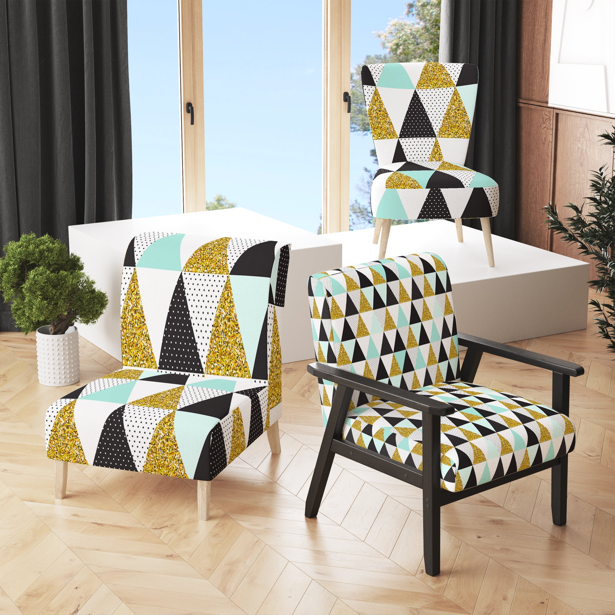Designart "Gold Glitter Geometric" Upholstered Patterned Accent Chair ...