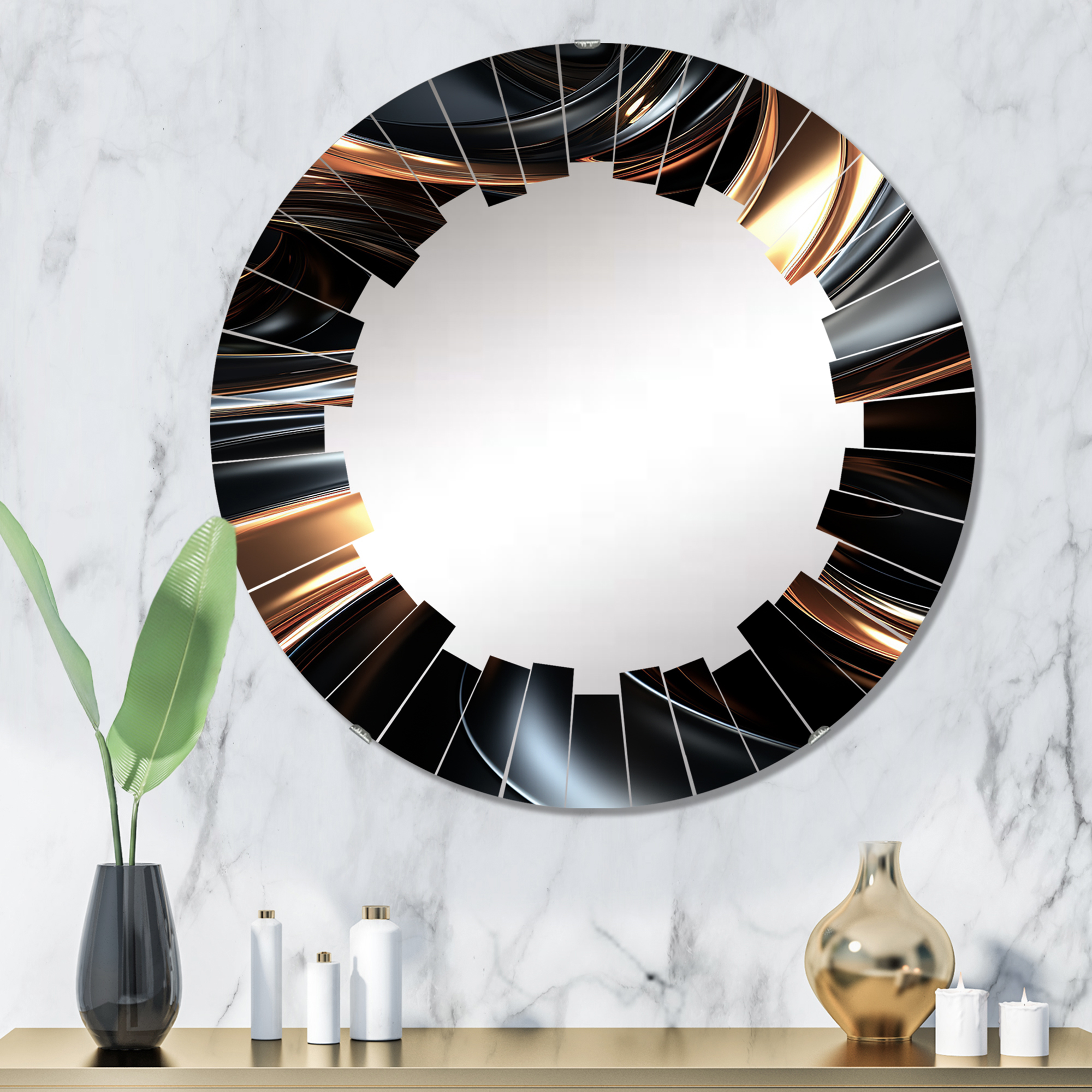 Designart "Gold Grey Abstract modern Reflections" Modern Round Wall ...