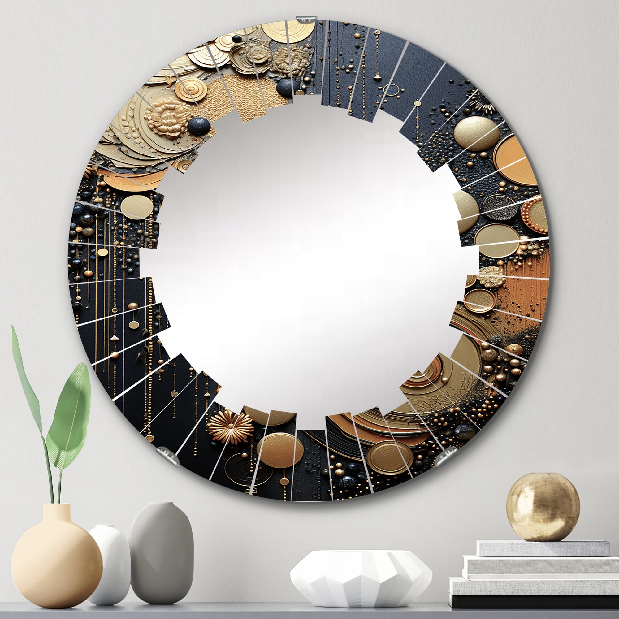 Designart "Gold Grey Industrial gracefulness I" Abstract Collages Round ...