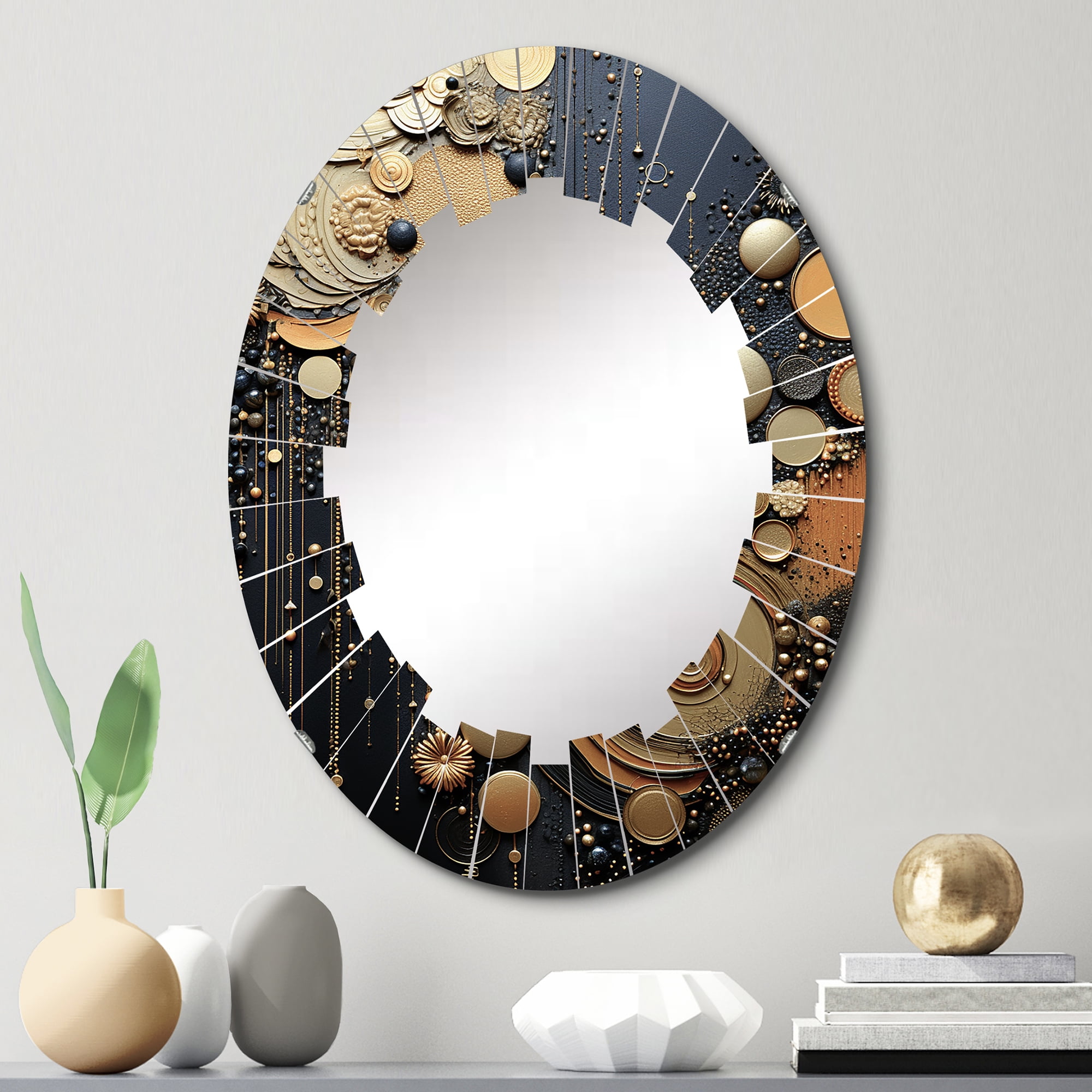 Designart "Gold Grey Industrial gracefulness I" Abstract Collages Round ...