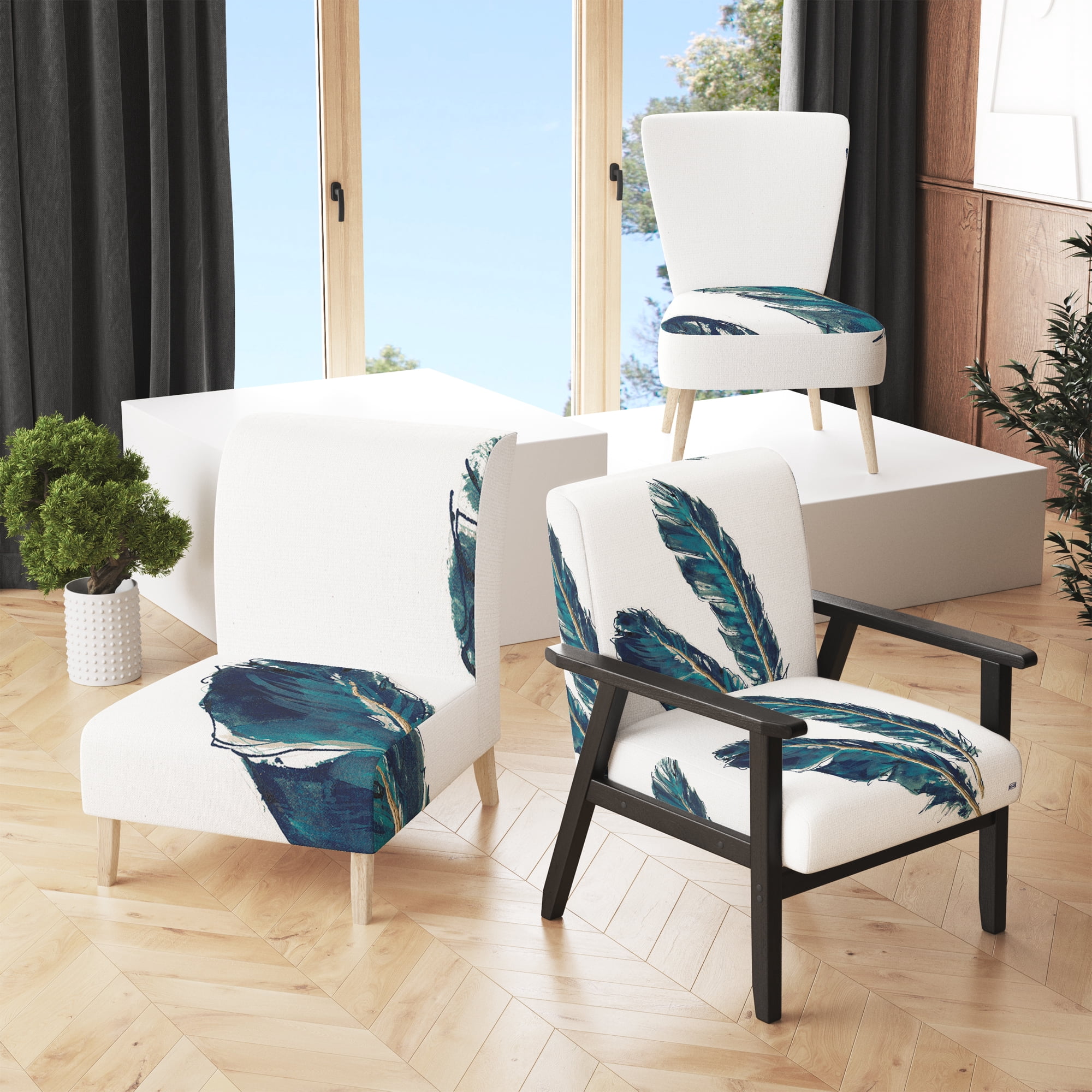 Designart "Gold Indigo Feathers III" Upholstered Modern Bohemian Accent ...