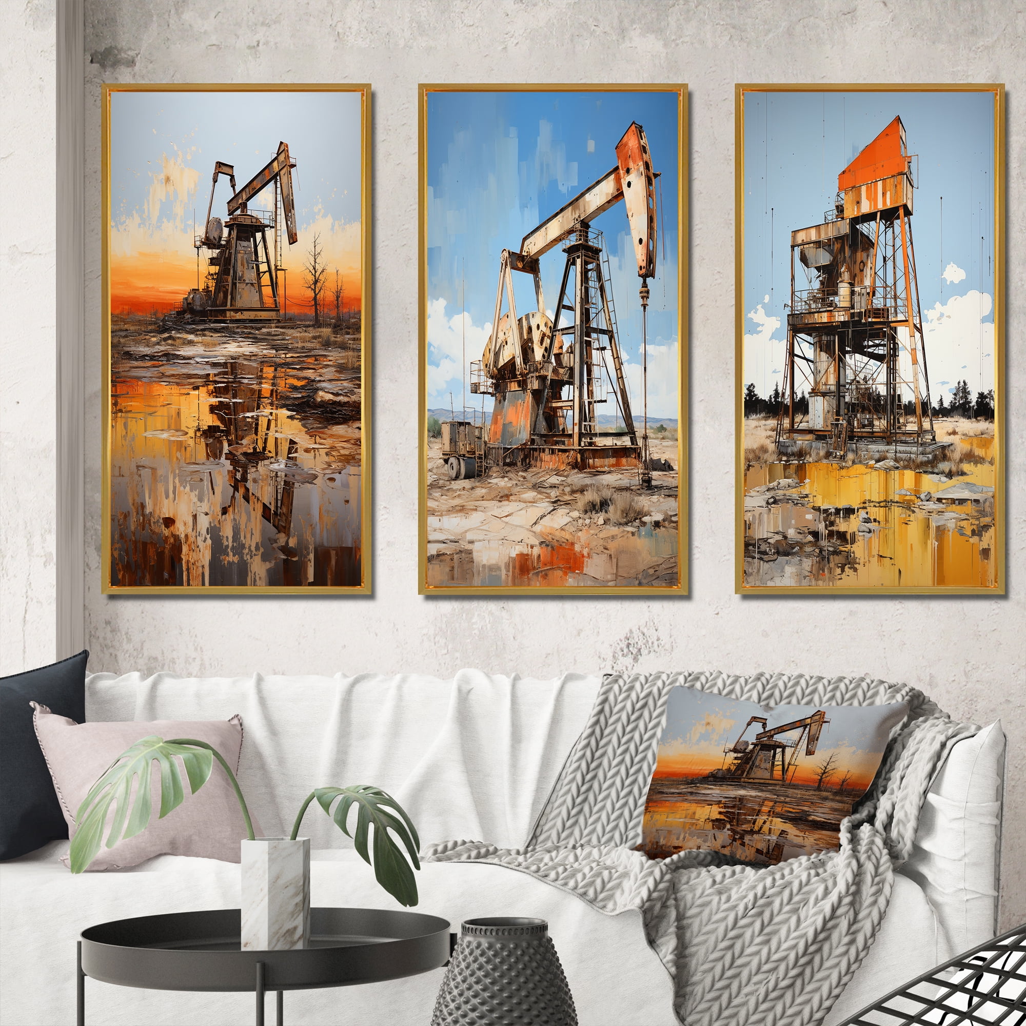 Designart "Gold Oil Rigs landscapes In Texas III" Cityscapes Framed ...