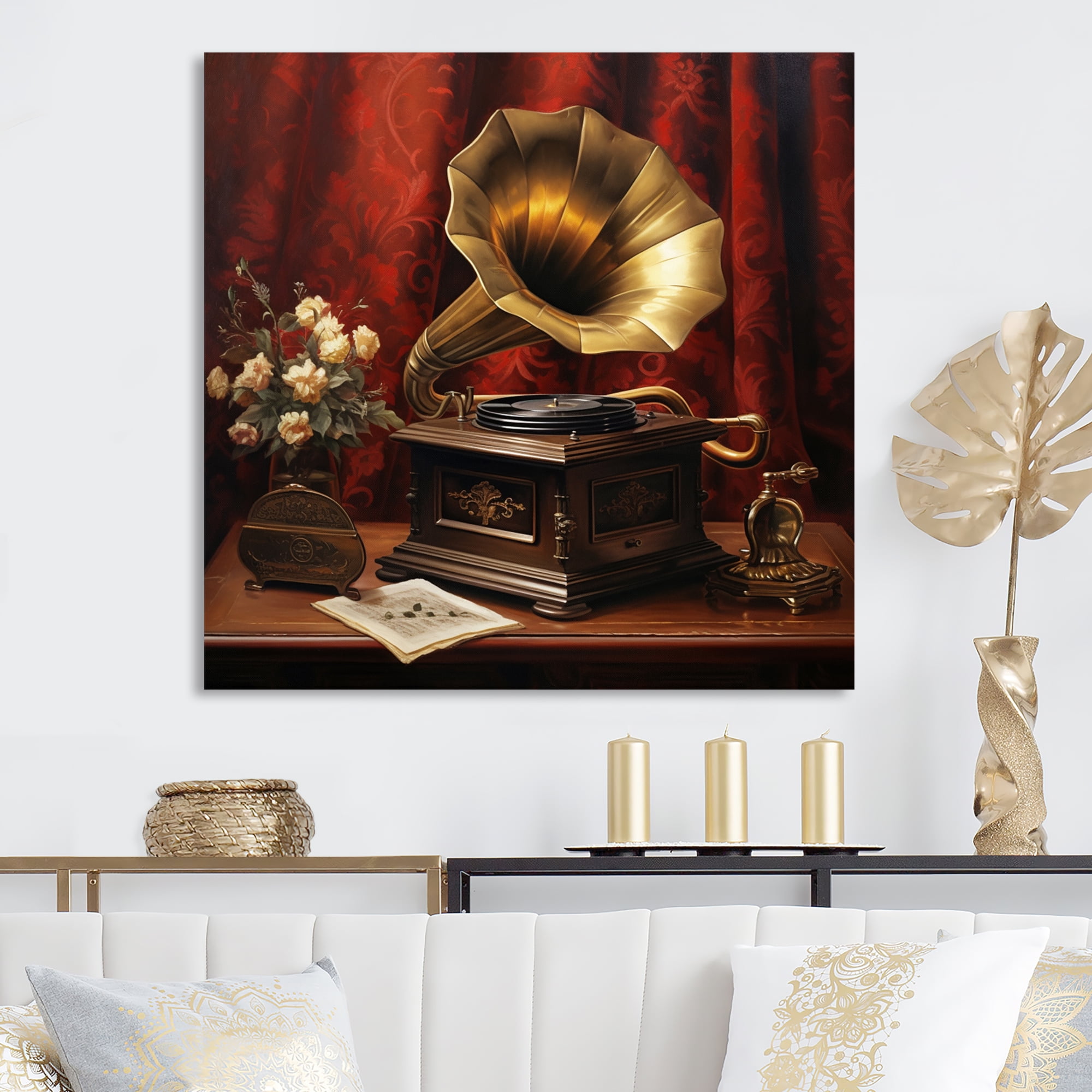 Designart "Gold Phonographs Antique euphony" Music Wall Art Living Room ...