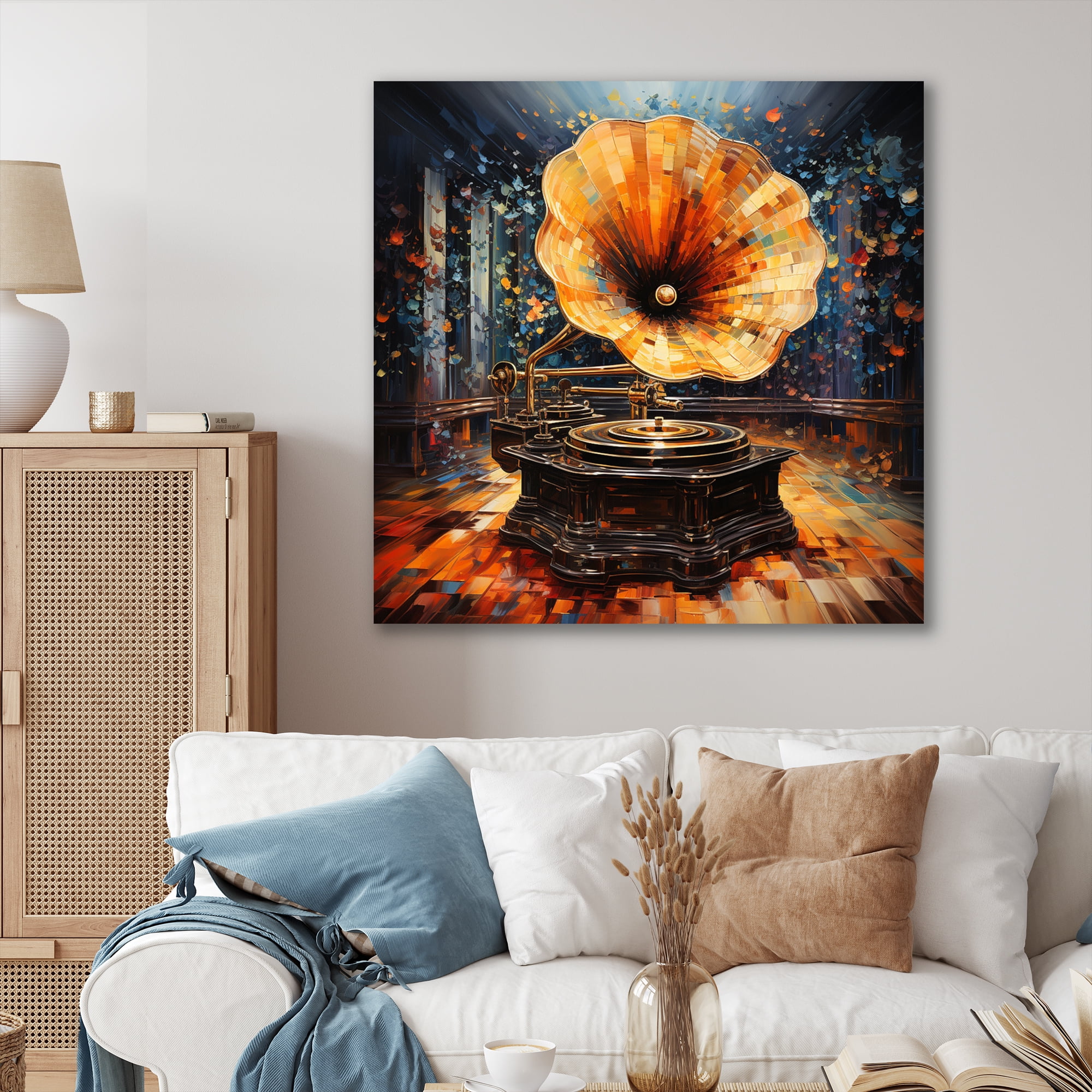 Designart "Gold Phonographs Melodic Echo painting" Music Wall Art Print ...