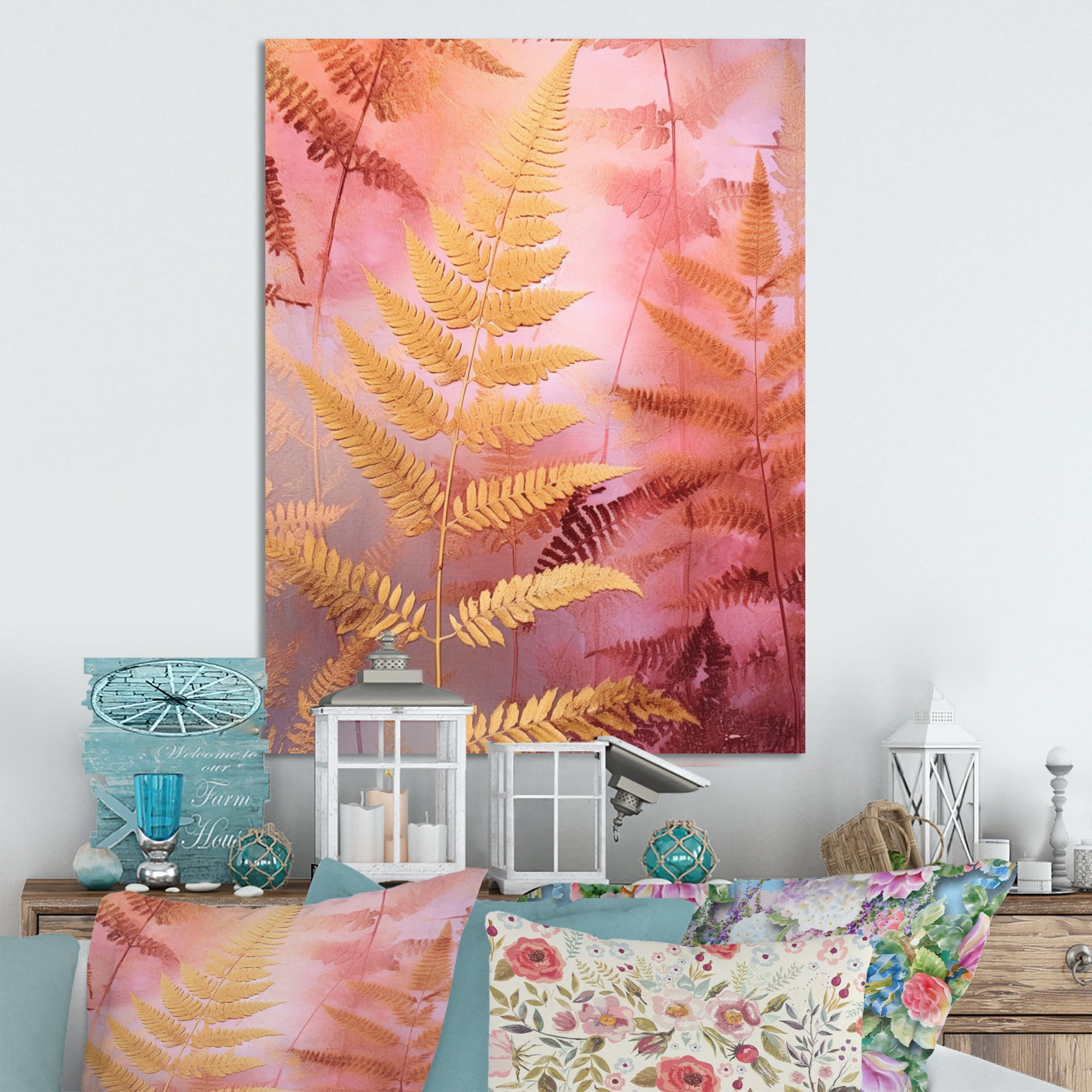 Designart "Gold Pink Fern Fonds Glamorous Foliage" Floral Metal Art ...